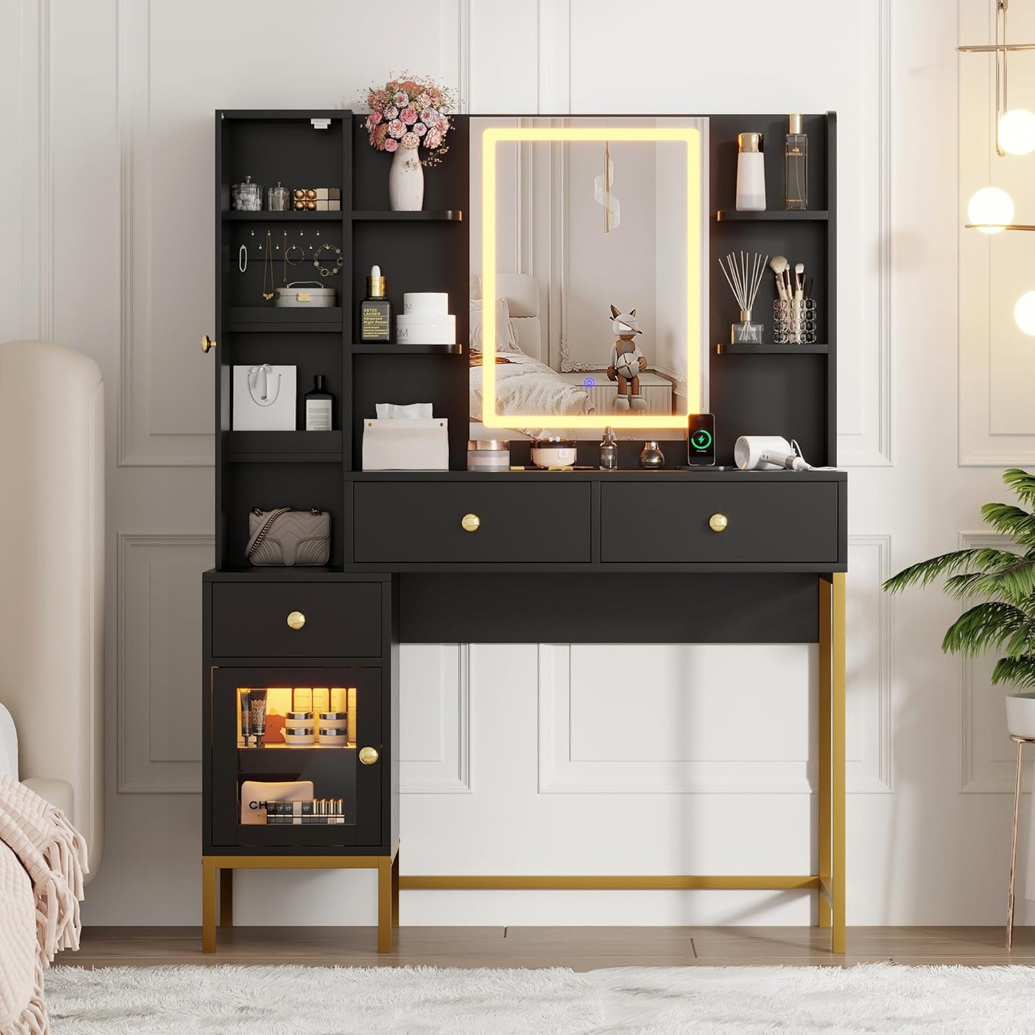 Vanity Desk with 3 Color LED Mirror&Power Uutlet,Dressing Table with 3 ...
