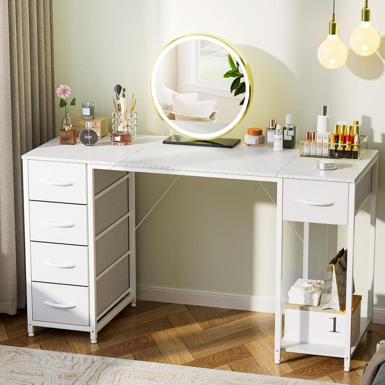 Vanity Desk with 5 Fabric Drawers & Storage Shelves, Makeup Dressing ...