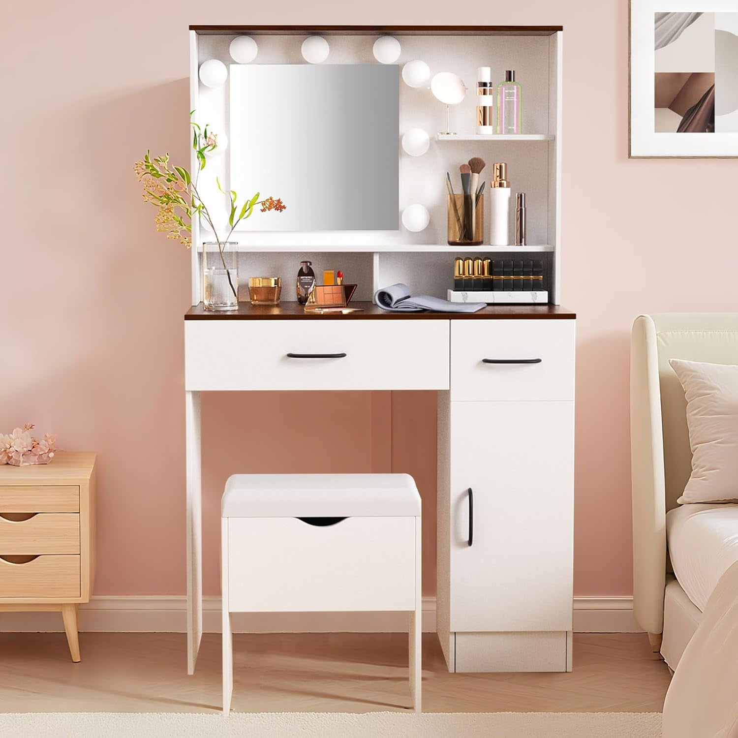 Vanity Desk with Chair & 2 Storage Drawers,Vanity Mirror with Lights 3 ...