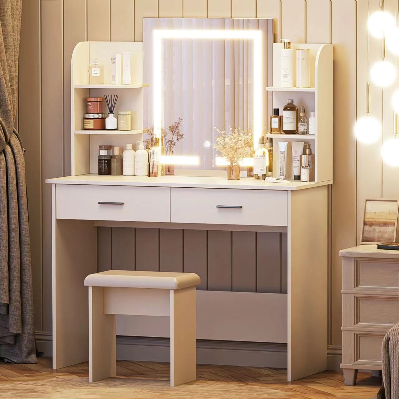 Vanity Desk with Chair, White Makeup Desk Set with Mirror & LED Lights ...
