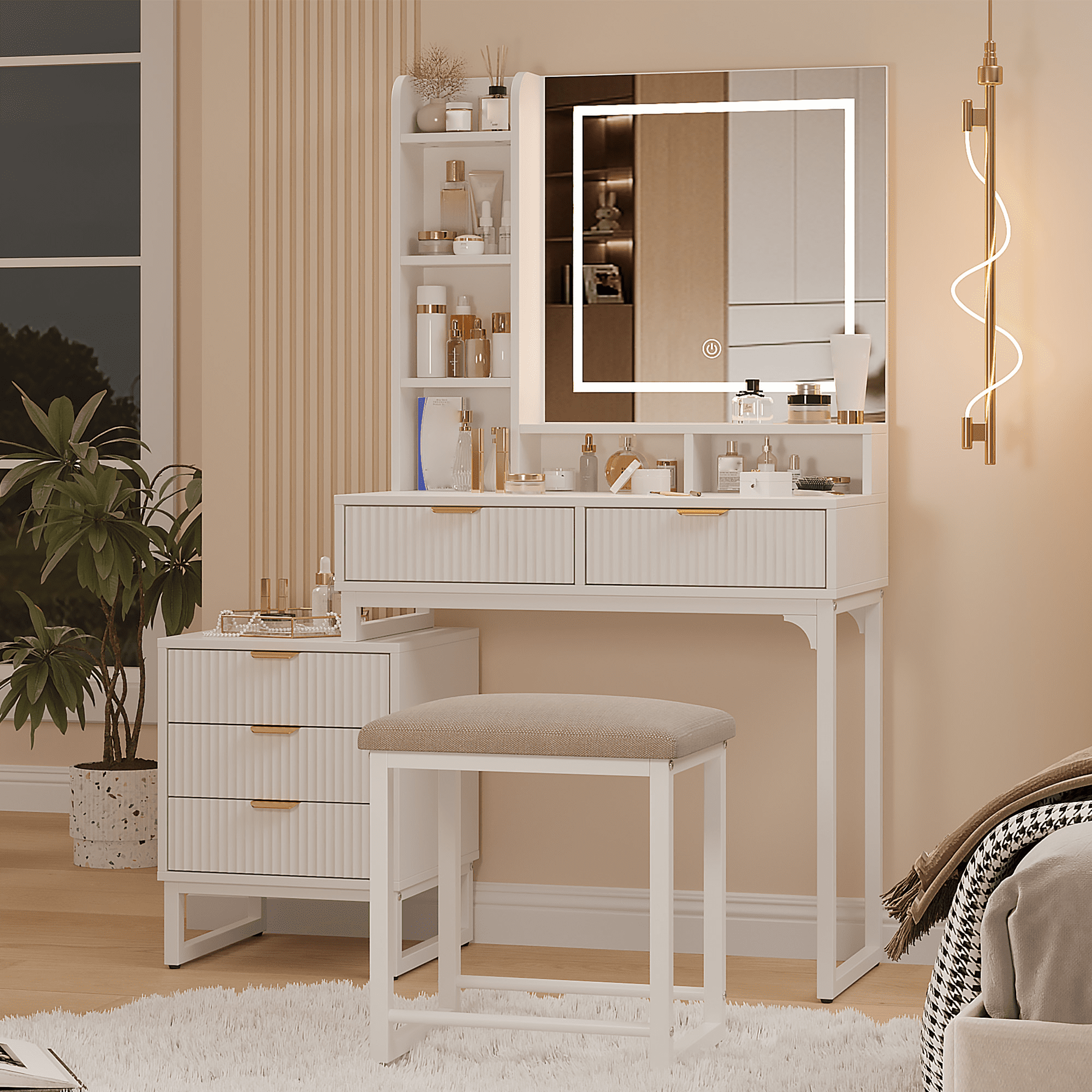 Vanity Desk with LED Lighted Mirror, 5 Drawers & 3 Shelves, Fluted ...