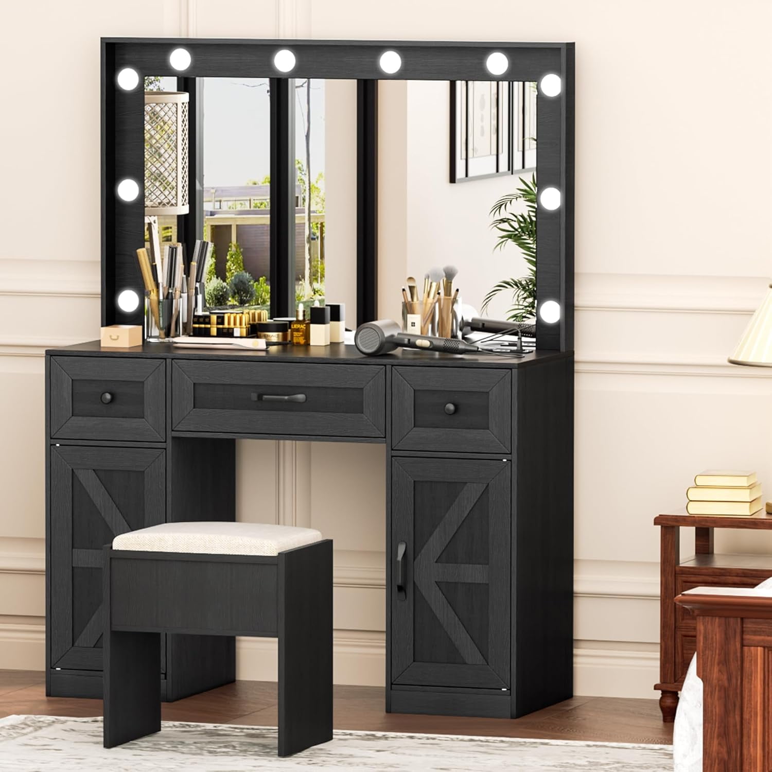 Vanity Desk with LED Lighted Mirror & Power Outlet, Makeup Vanities ...