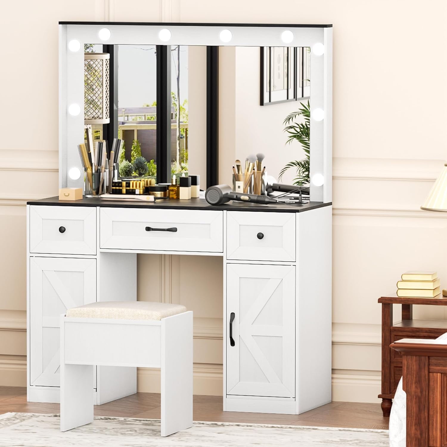 Vanity Desk with LED Lighted Mirror & Power Outlet, Makeup Vanities ...