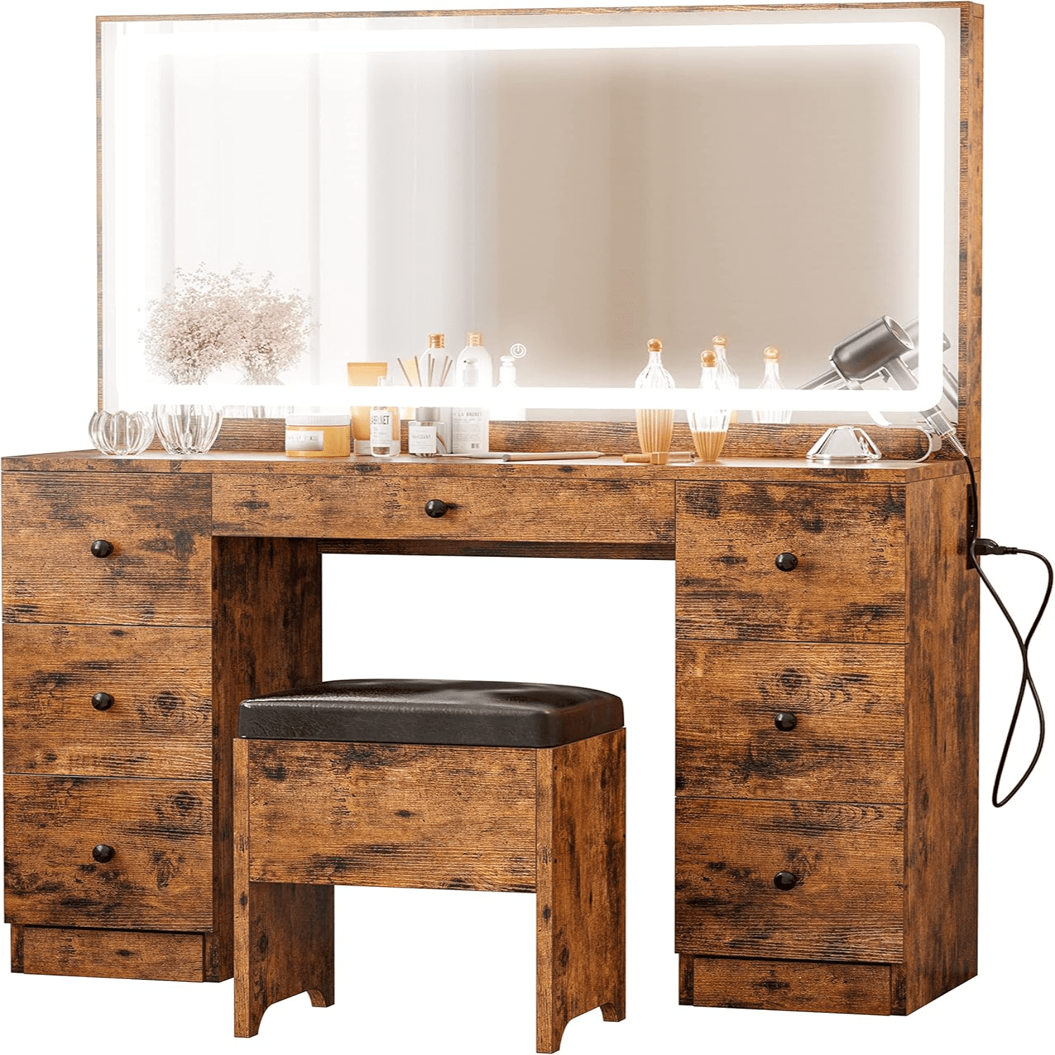 Vanity Desk with LED Lighted Mirror & Power Outlet 7 Drawers Makeup ...