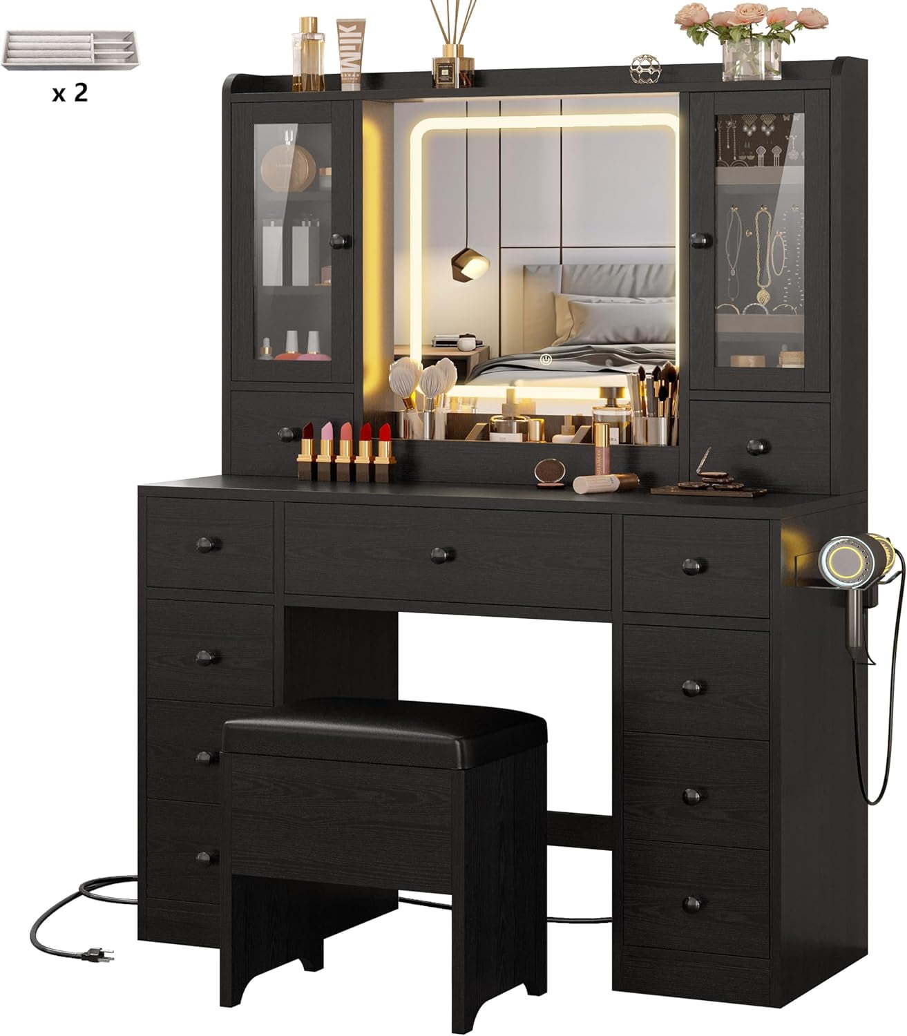 Vanity Desk with LED Lights Mirror and Charging Station, Makeup Vanity ...