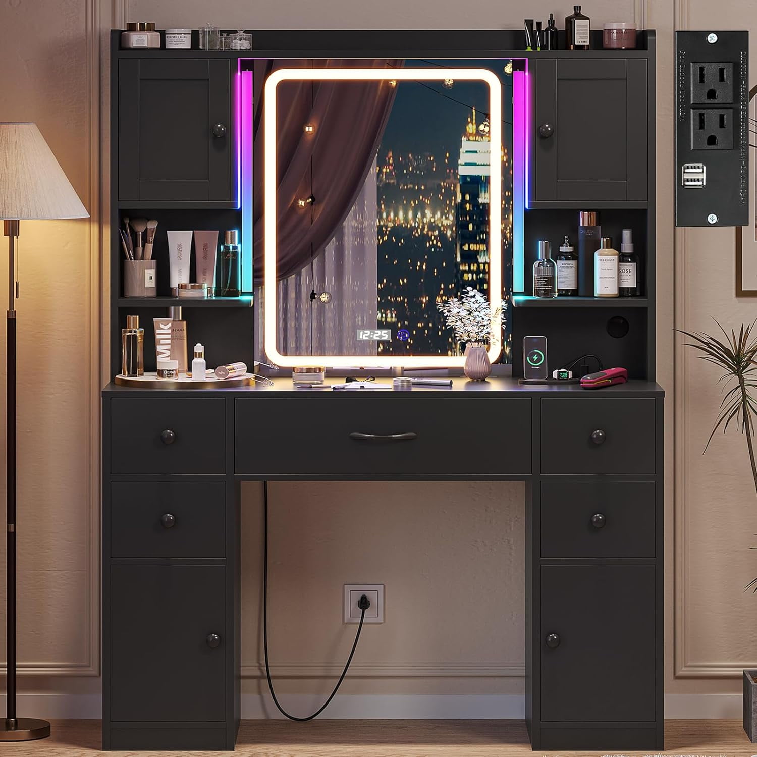 Vanity Desk with LED Lights and Mirror,Makeup Vanity Set with Charging ...