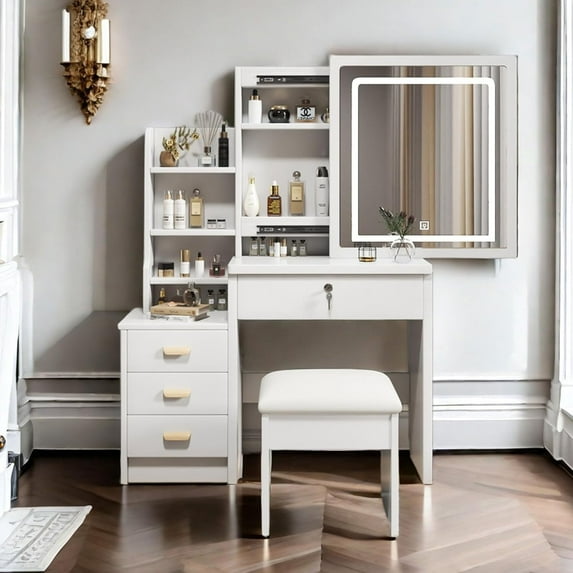 Vanity Desk with LED Mirror & Lights, Makeup Vanity Set with Cushioned ...