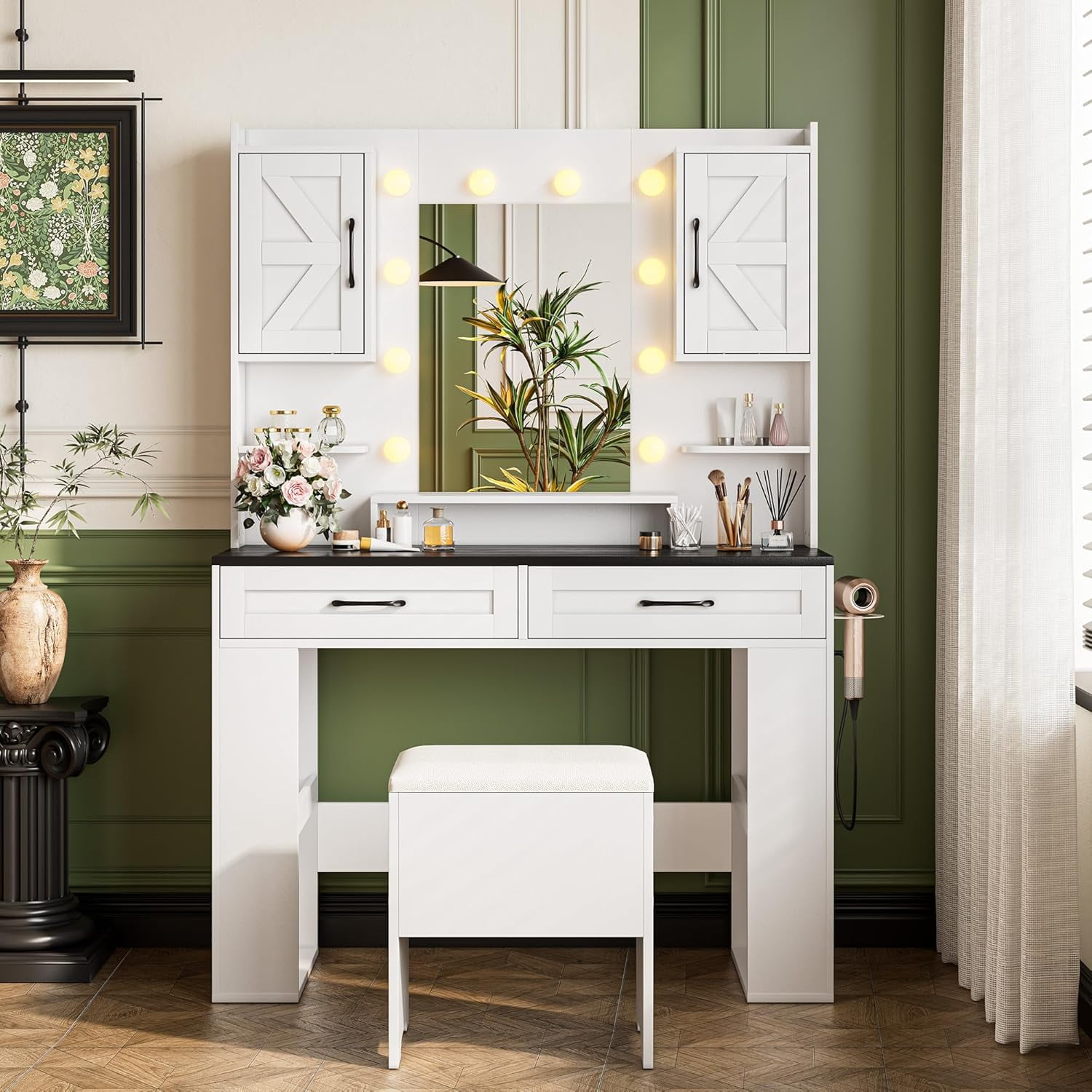 Vanity Desk with Lighted Mirror, Large Makeup Table with Drawers and ...