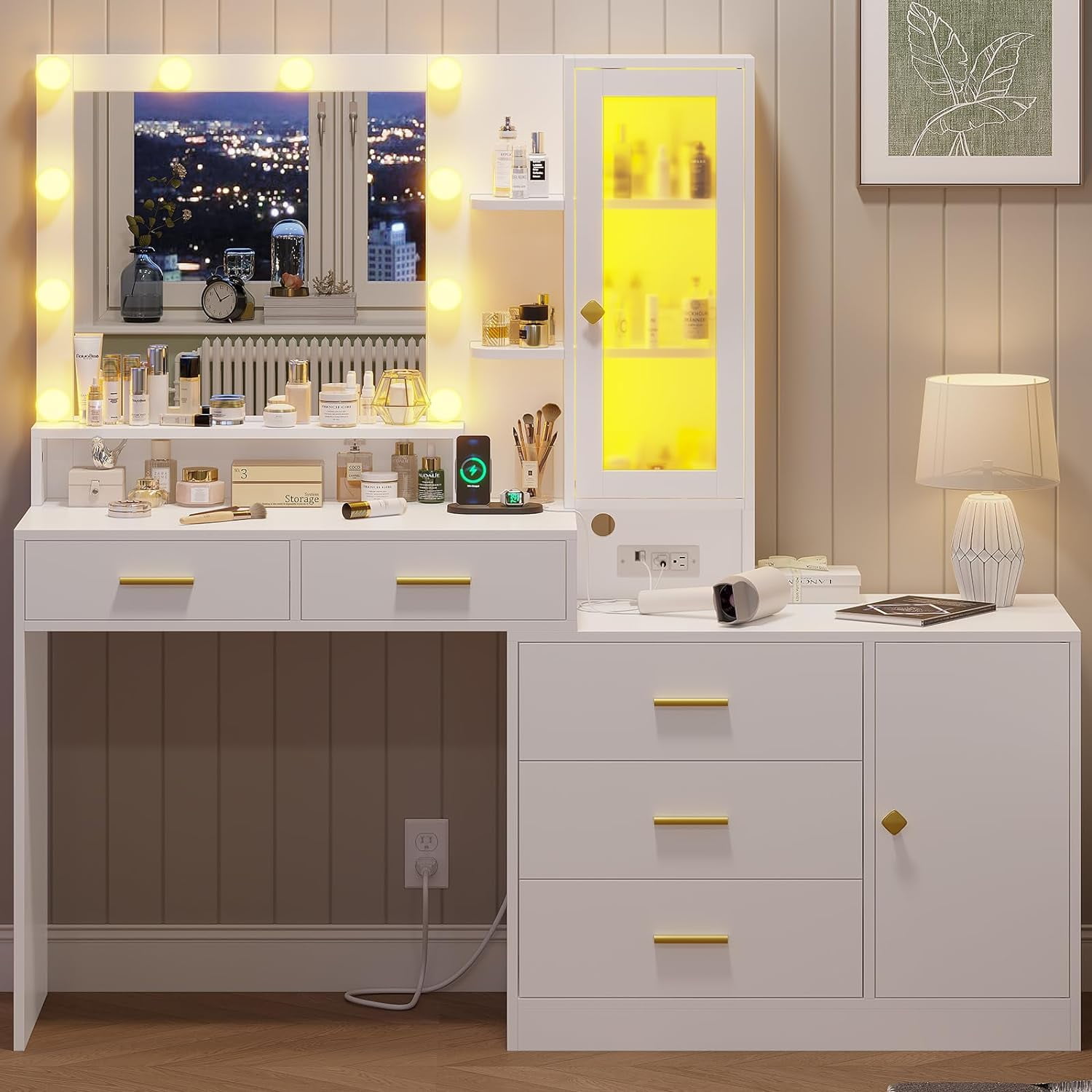 White Vanity Desk with Lights Mirror, USB Charging, Ambient Light, 5 ...