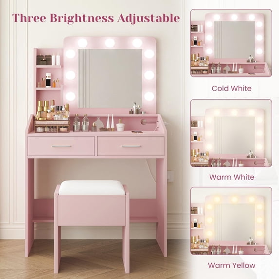 Vanity Desk with Lights, White Makeup Table with Mirror, 3 Light Modes ...