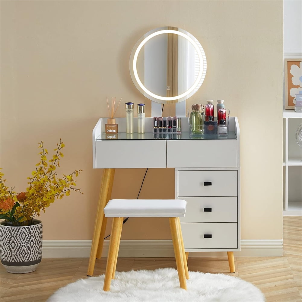 Vanity Desk with Mirror And Lights, Glass Top Dressing Table With 5 ...