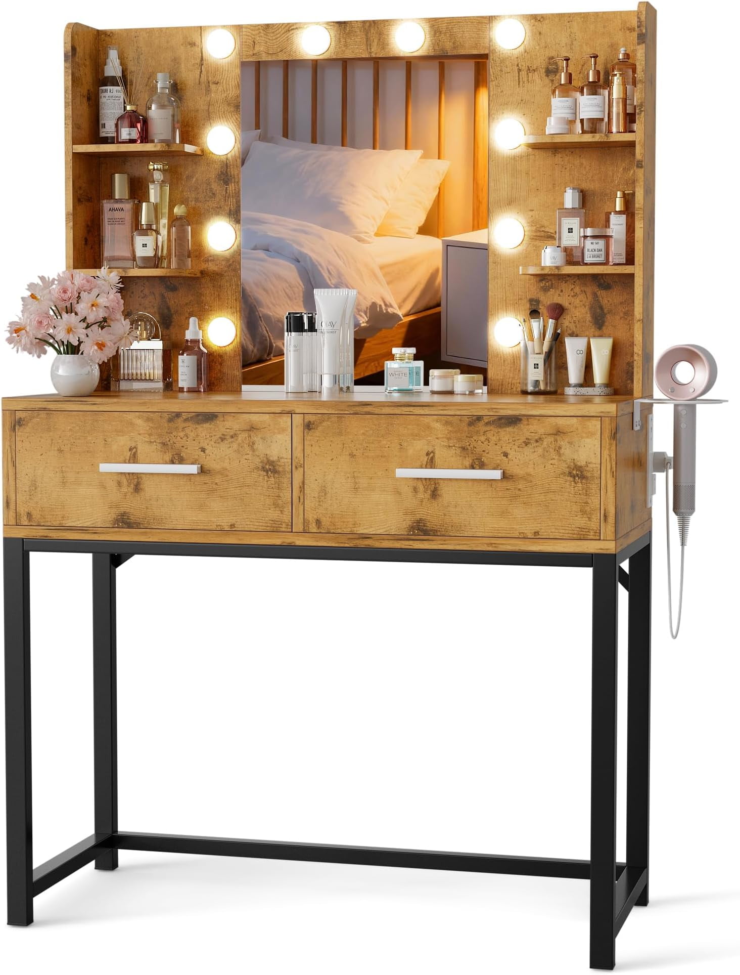 Vanity Desk with Mirror, Makeup Table with 2 Large Drawers, Power ...