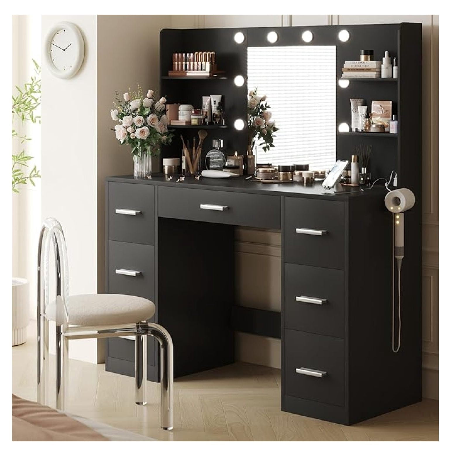 Vanity Desk with Mirror, Power Outlet and 10 Lights, Makeup Table with ...