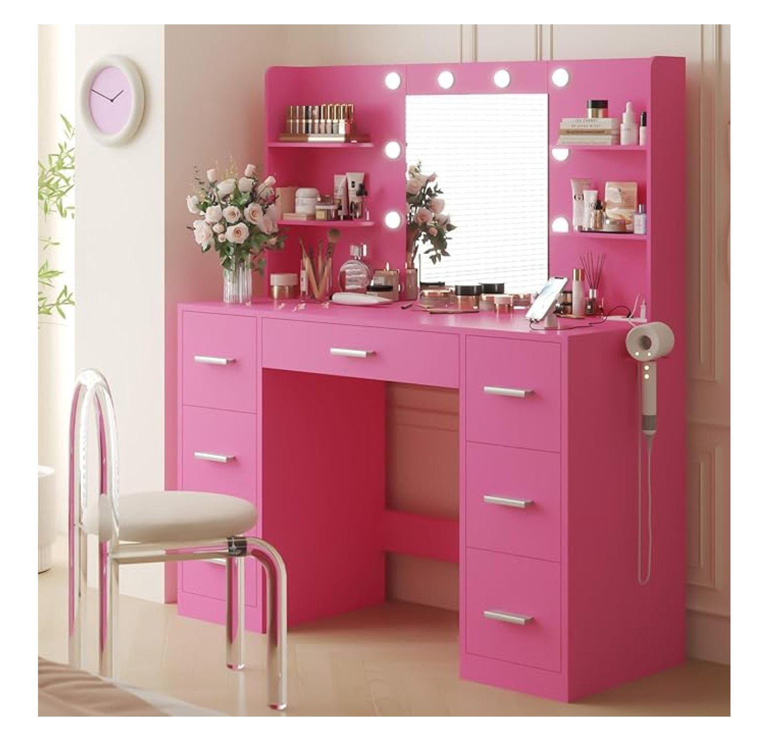 Vanity Desk with Mirror, Power Outlet and 10 Lights, Makeup Table with ...