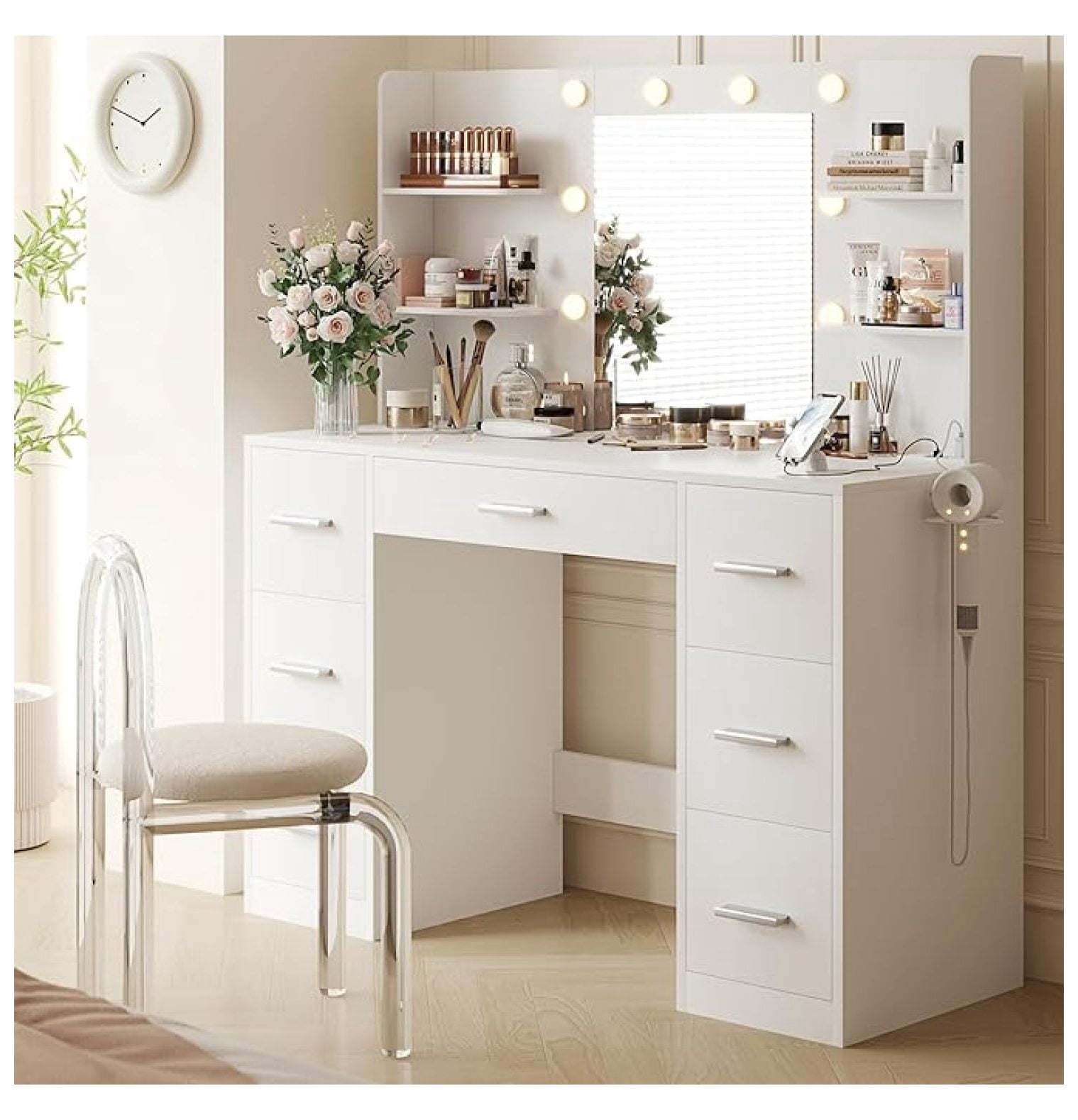 Vanity Desk with Mirror, Power Outlet and 10 Lights, Makeup Table with ...