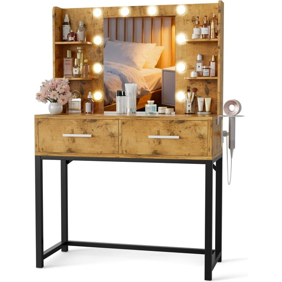 Vanity Desk with Mirror, Table with 2 Large Drawers, Power Outlet and ...