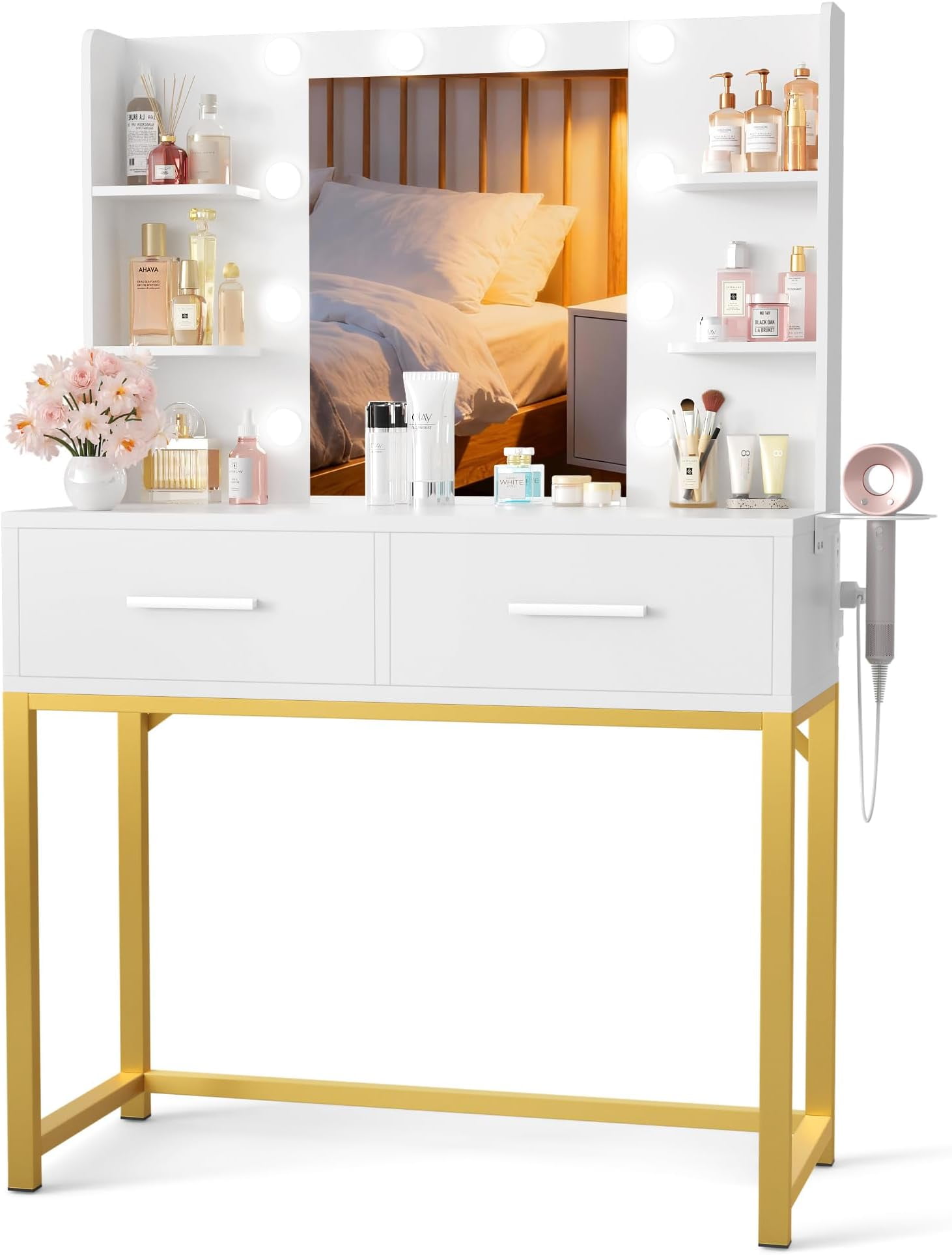 Vanity Desk with Mirror, Table with 2 Large Drawers, Power Outlet and ...
