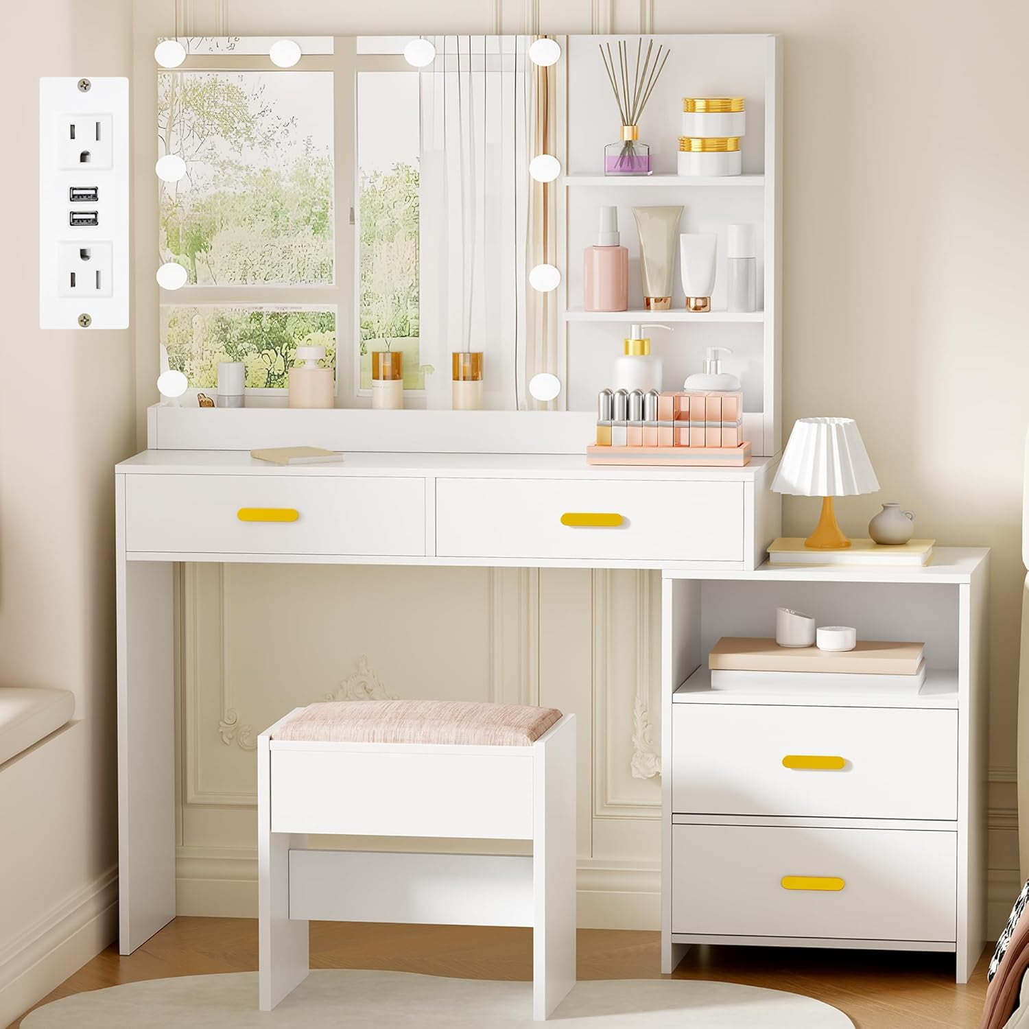 Vanity Desk with Mirror and 10 Lights, White Vanity with Power Outlet ...