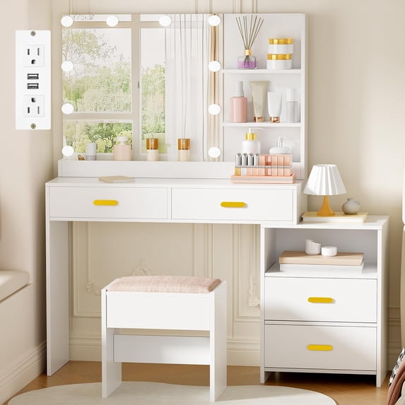 Vanity Desk with Mirror and 10 Lights, White Vanity with Power Outlet ...