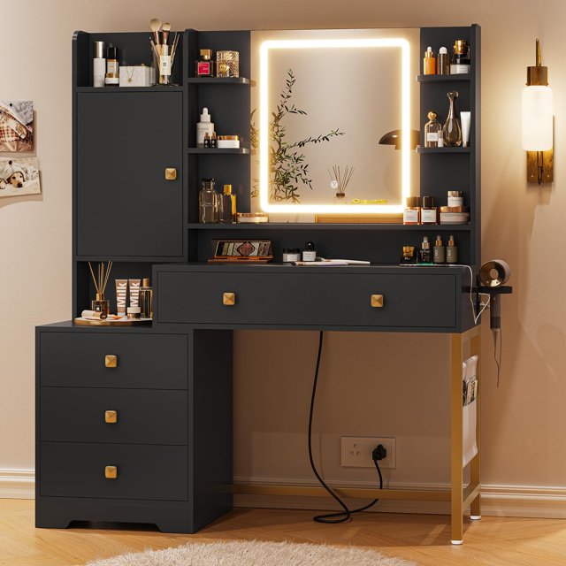Vanity Desk with Mirror and LED Lights, Black Makeup Vanity Table ...