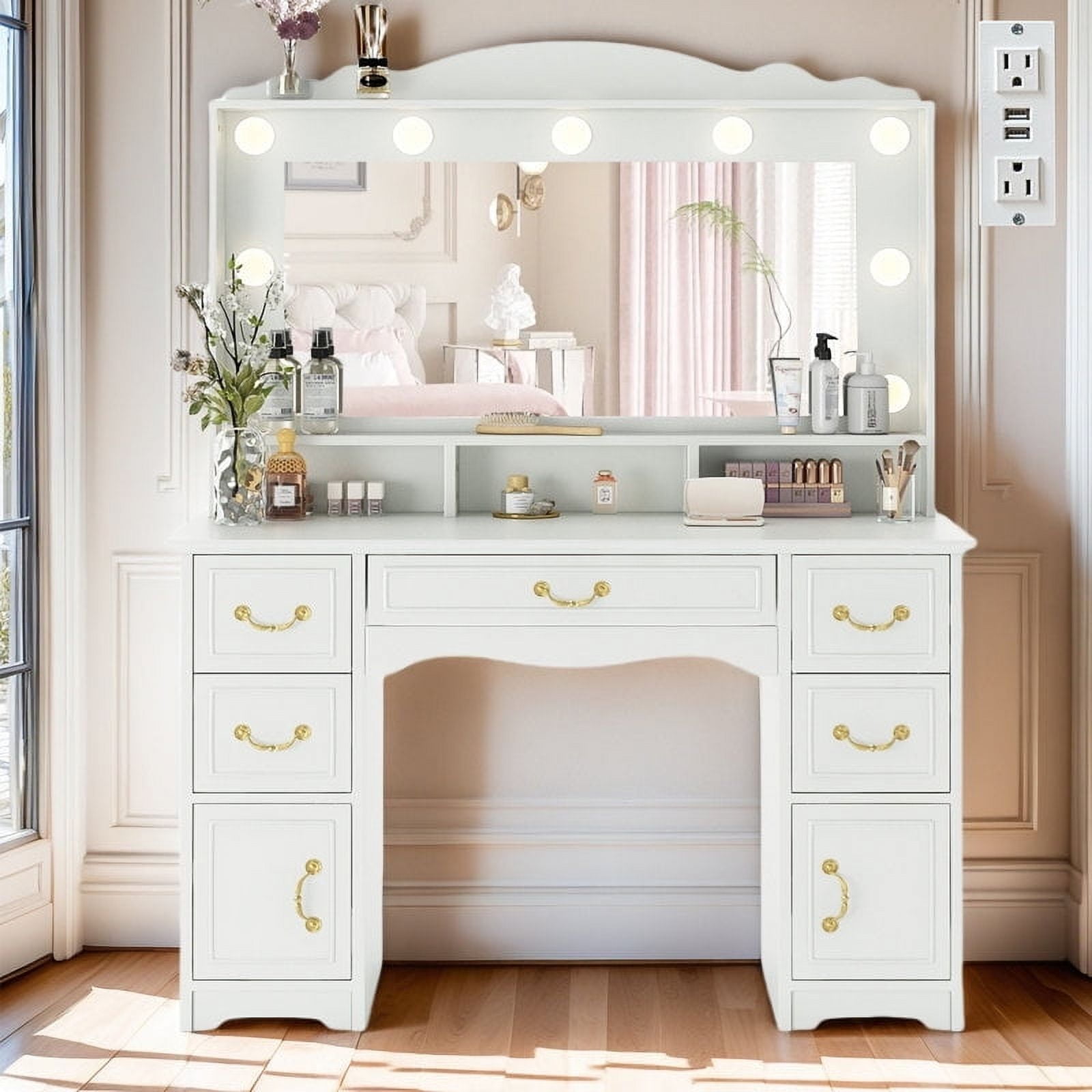 Vanity Desk with Mirror and Light 1 Piece Bohemian White Vanity Table ...