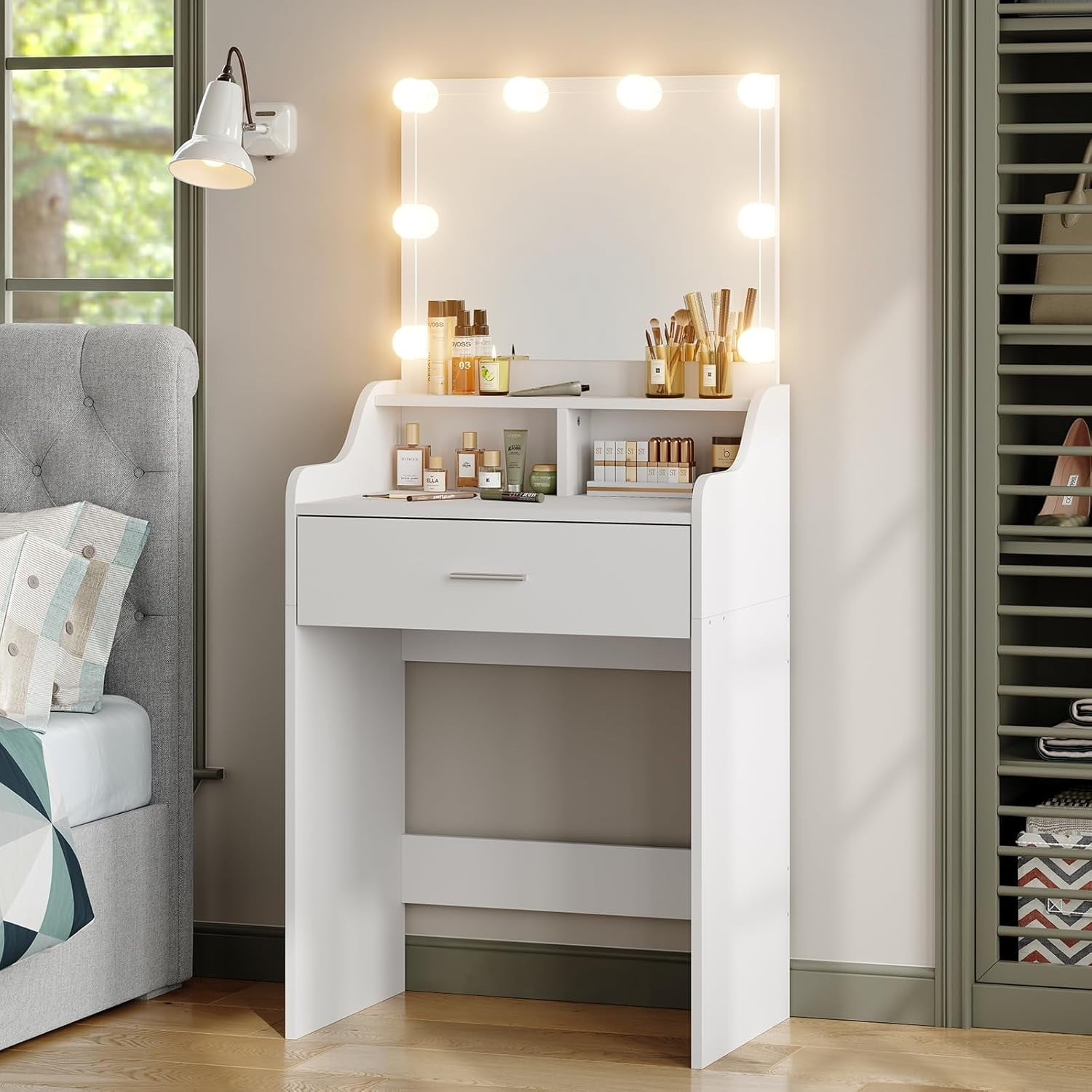 Vanity Desk with Mirror and Lights, 23.6" Small Makeup Vanity Table Set ...