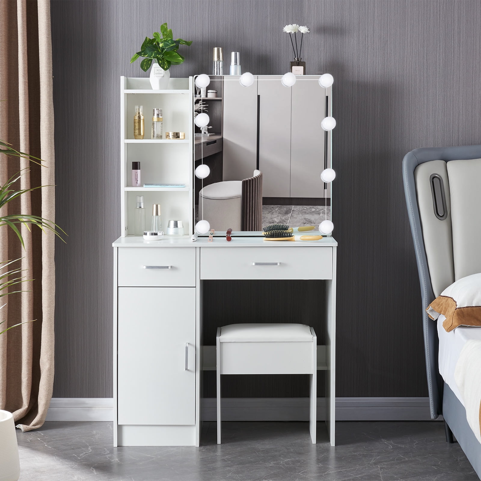 JBLCC Cute Bedroom Vanity Desk with Adjustable Mirror and Lights ...