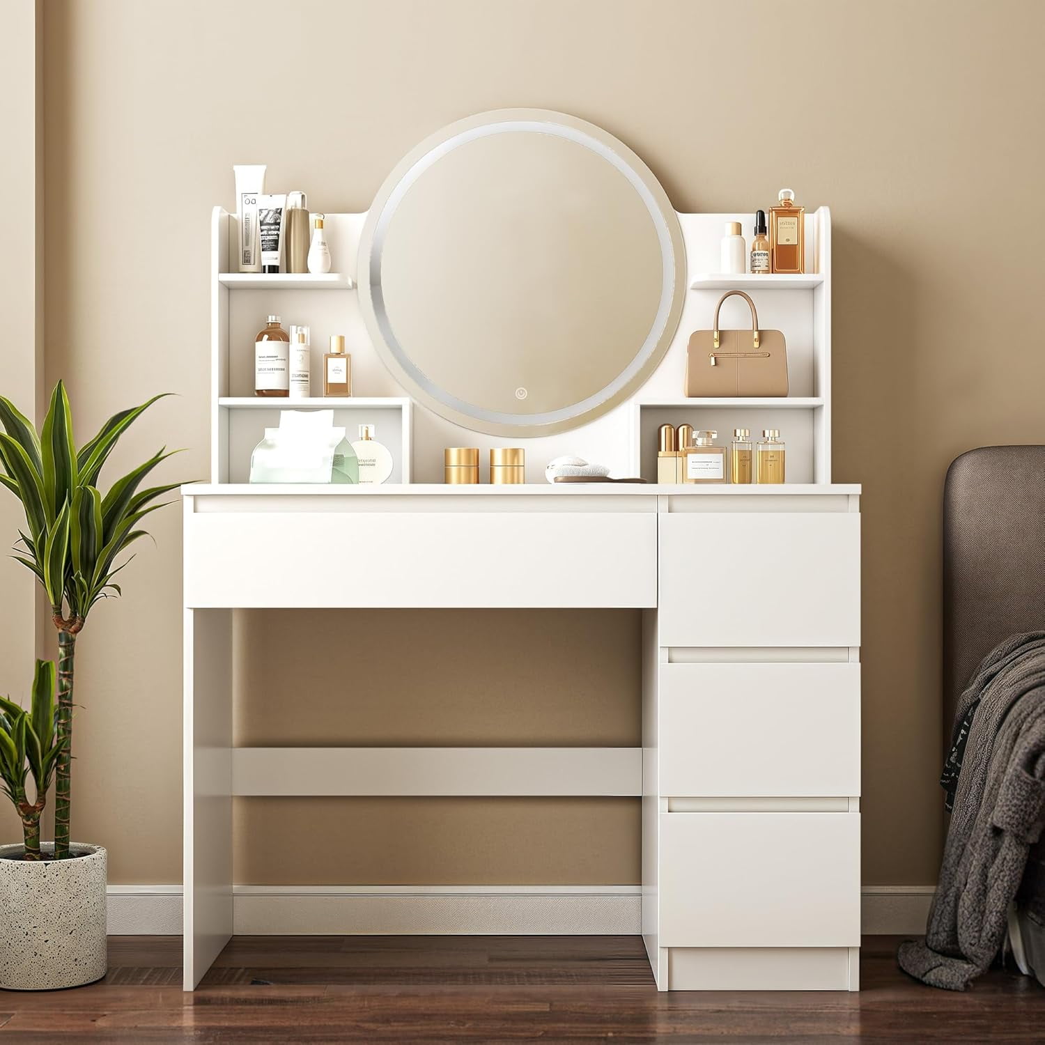 Vanity Desk with Mirror and Lights, Large Makeup Vanity with 4 Drawers ...