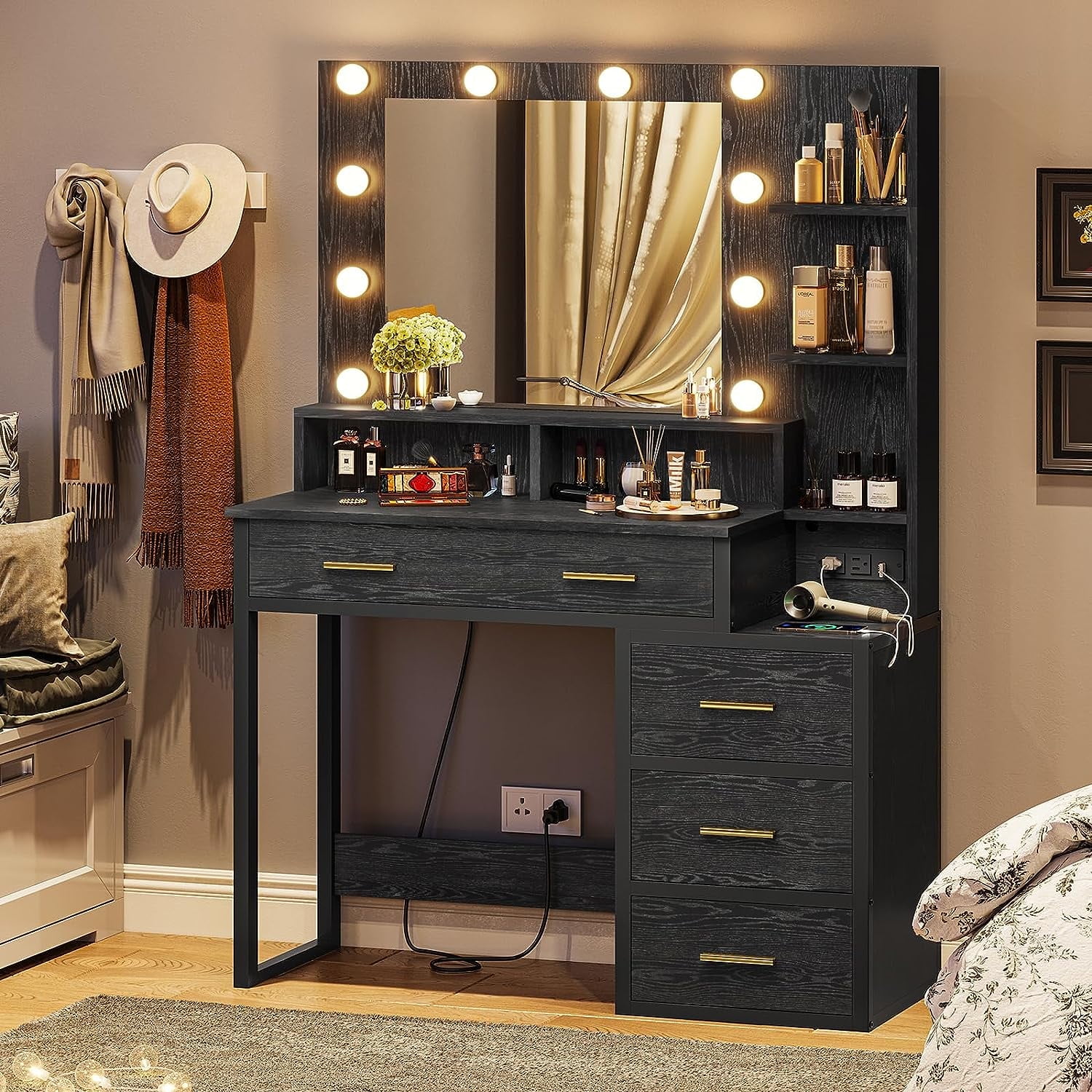 Black Vanity Desk with Built-in USB Outlets, HD Lighted Mirror, 5 ...