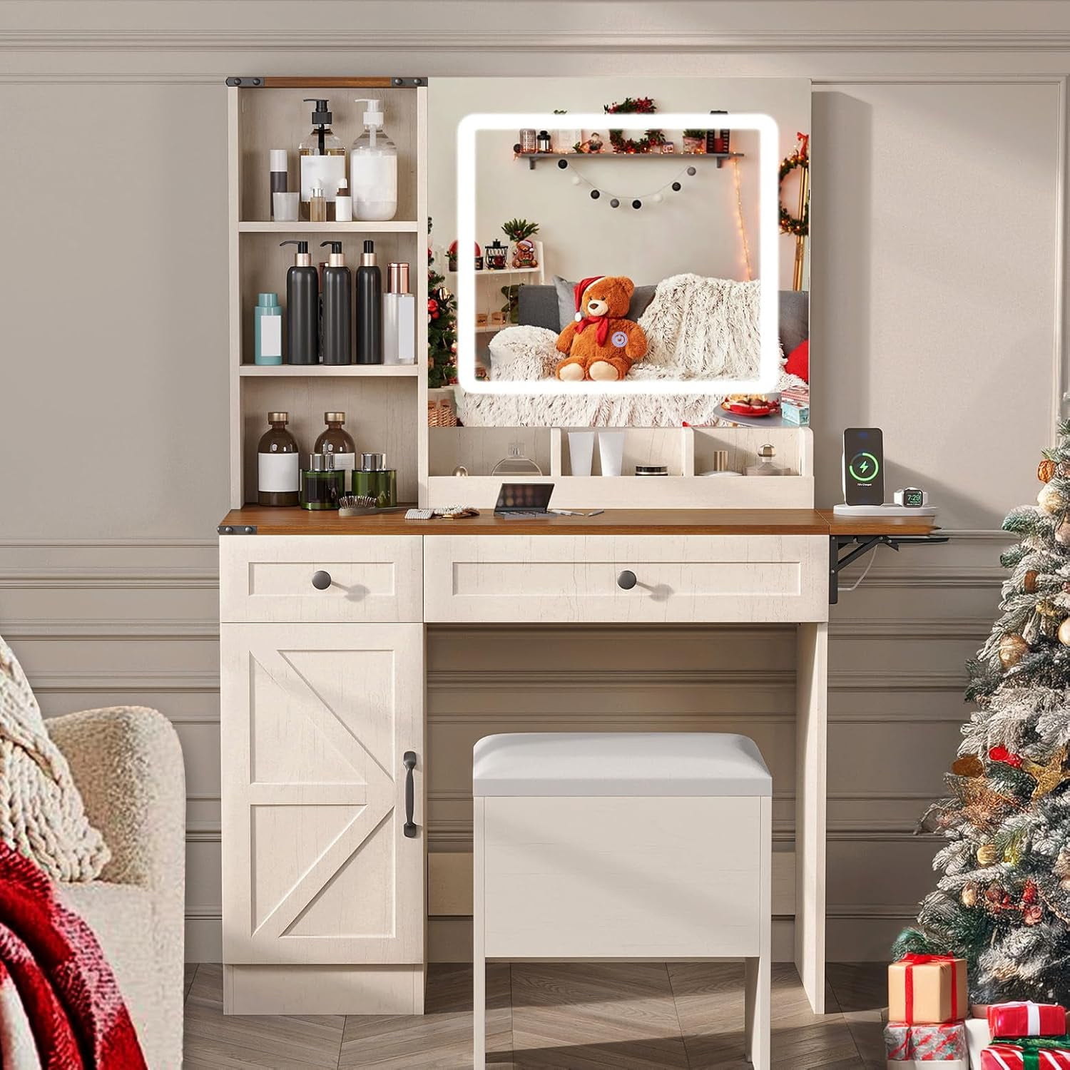 Vanity Desk with Mirror and Lights, Makeup Table with Power Outlet and ...