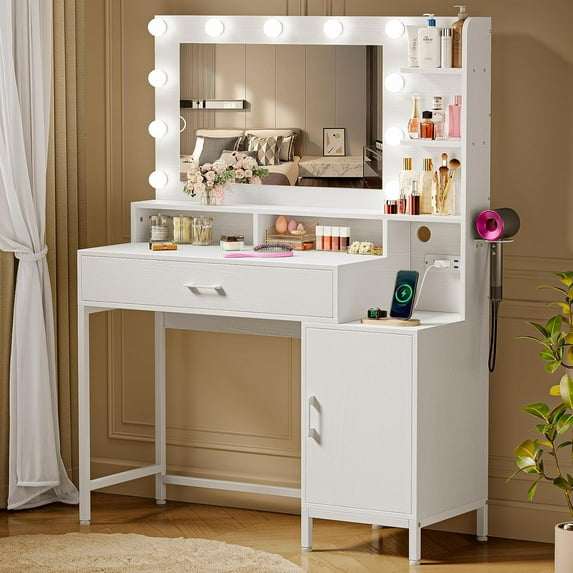 Vanity Desk with Mirror and Lights, Makeup Vanity with Storage Drawer ...