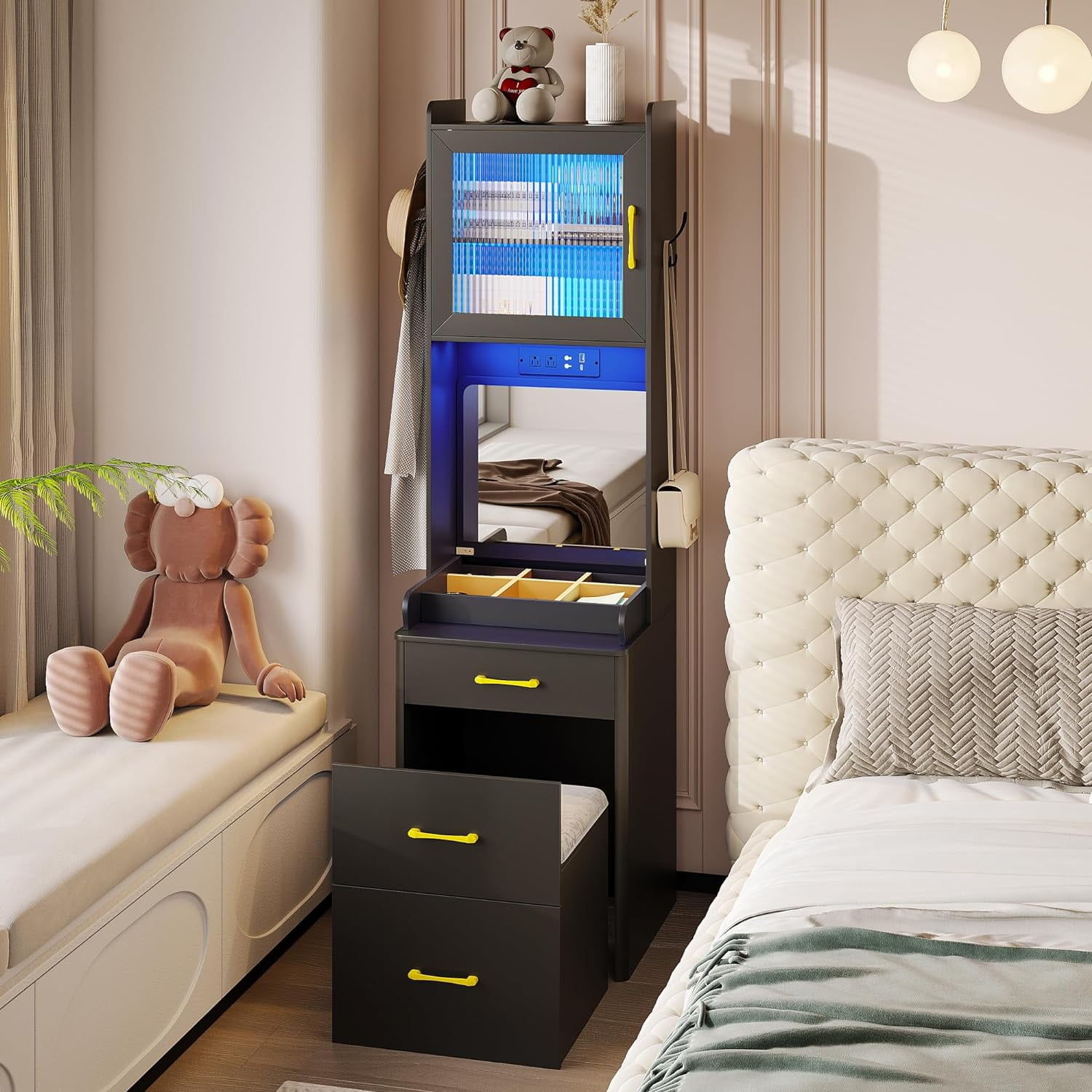 Vanity Desk with Mirror and Lights, Vanity Set with Hidden Stool ...