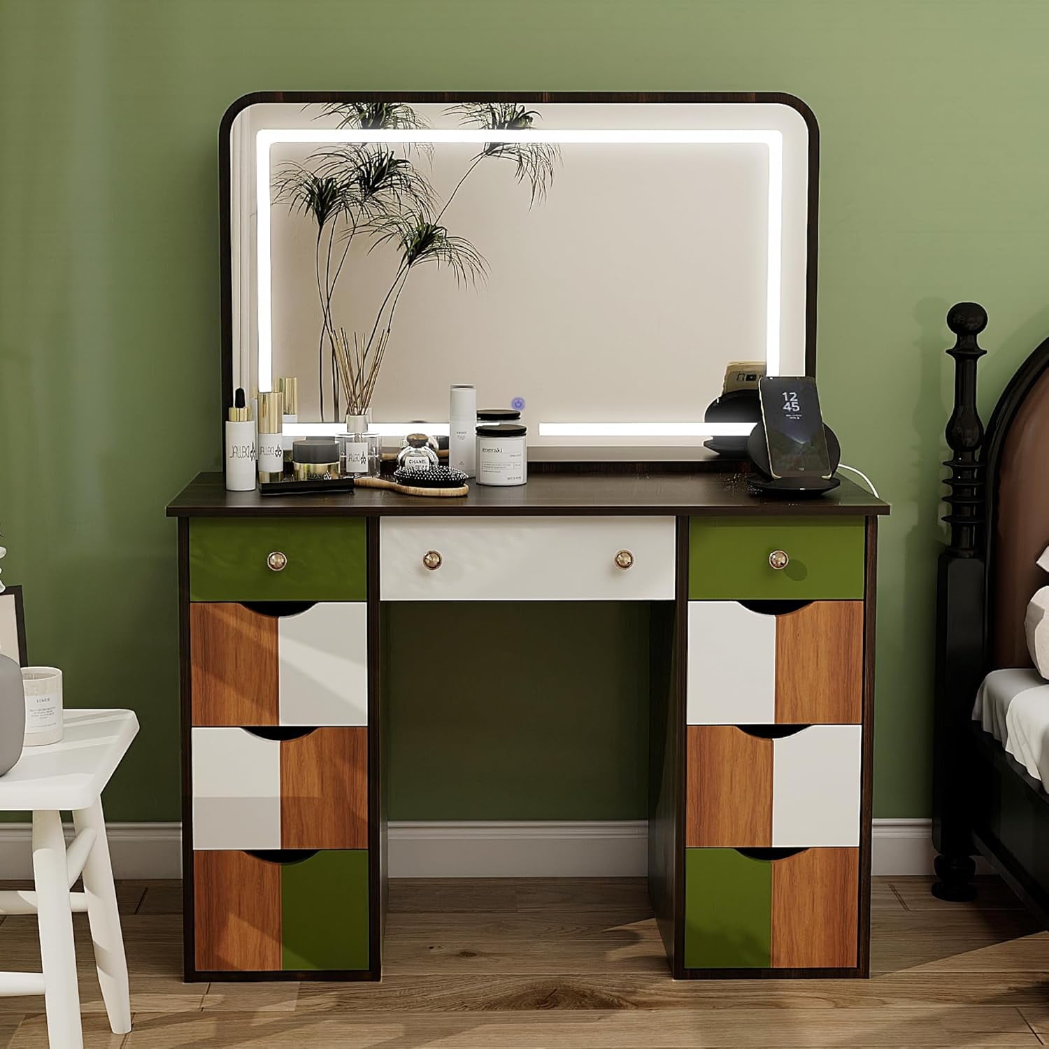 Vanity Desk with Power Outlet and 9 Drawers, Makeup Vanity with Mirror ...