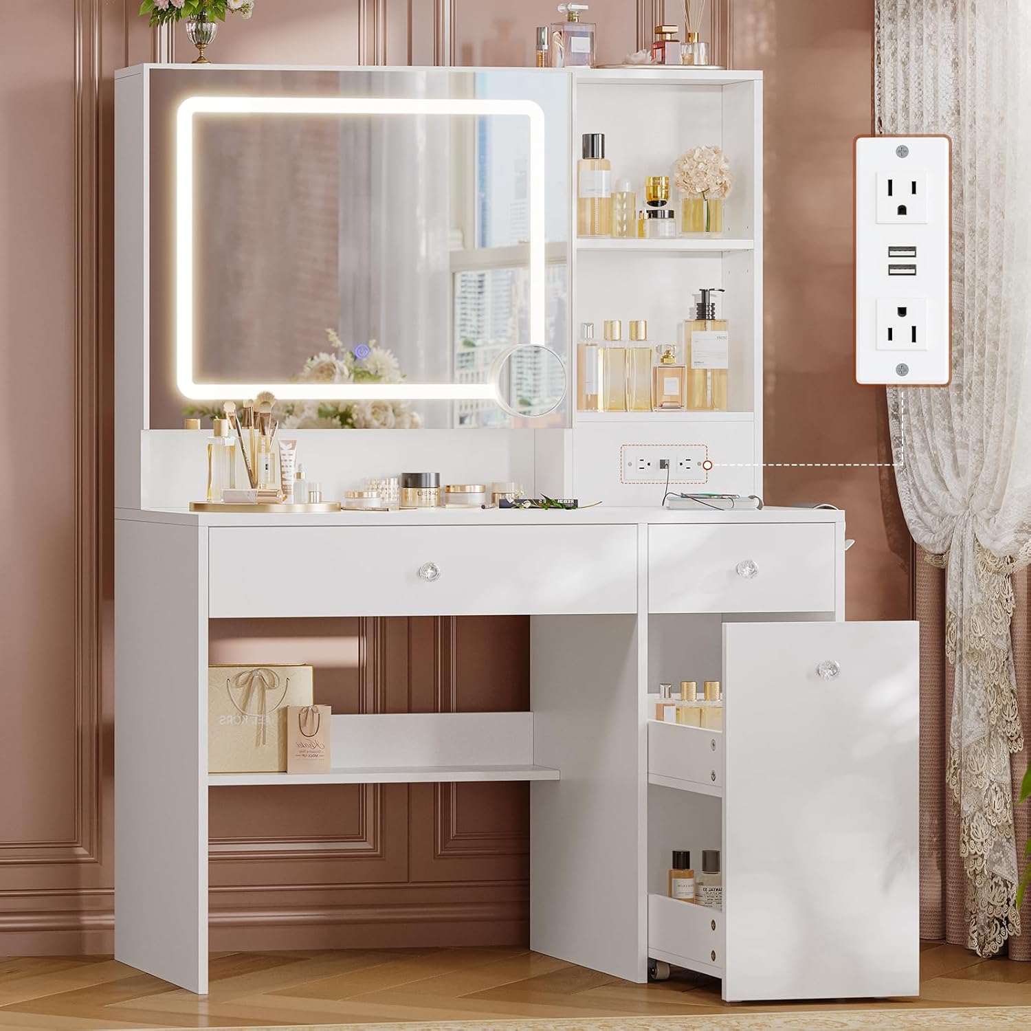 Vanity Desk with Pull-Out LED Mirror, Power Outlet, Rolling Makeup Cart ...