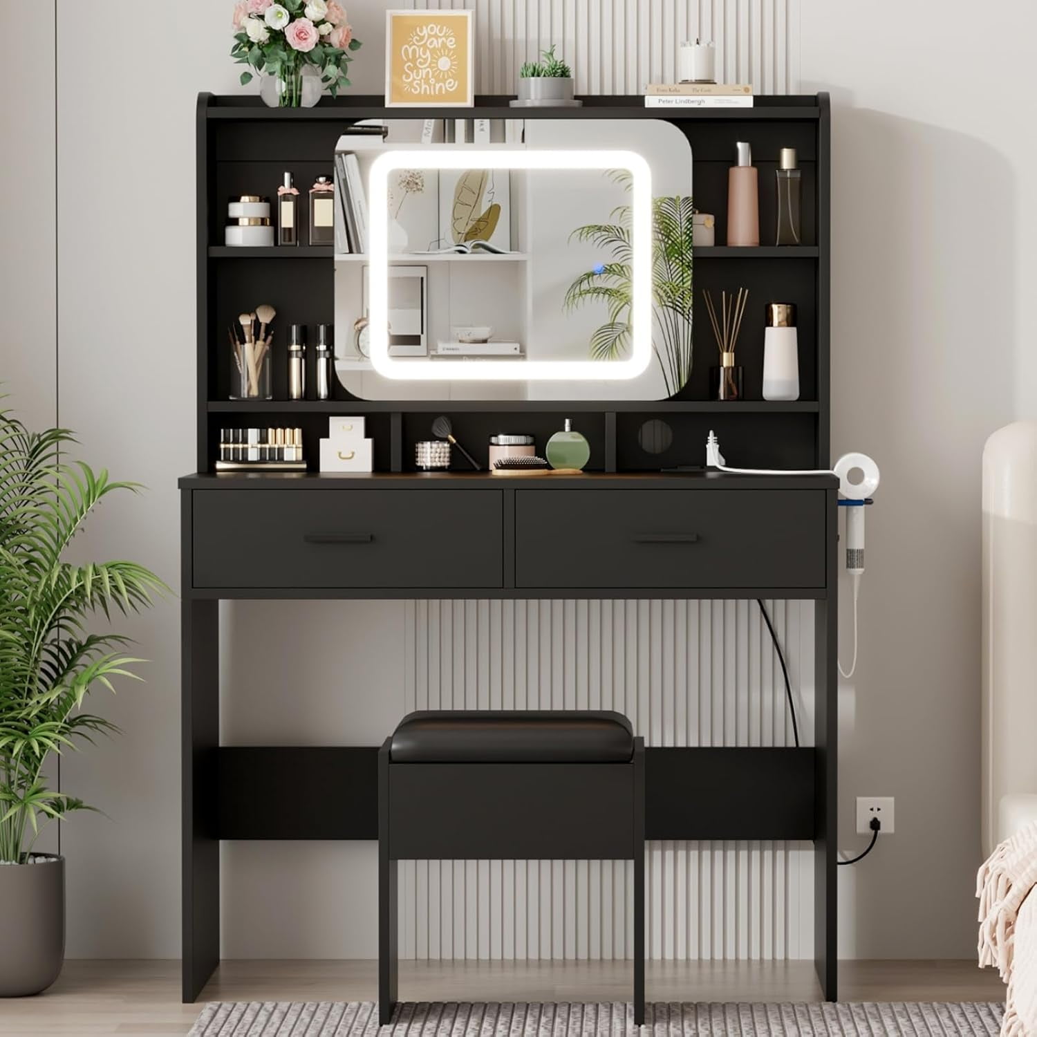 Vanity Desk with Sliding Mirror,Makeup Dressing Table Set with Lights ...