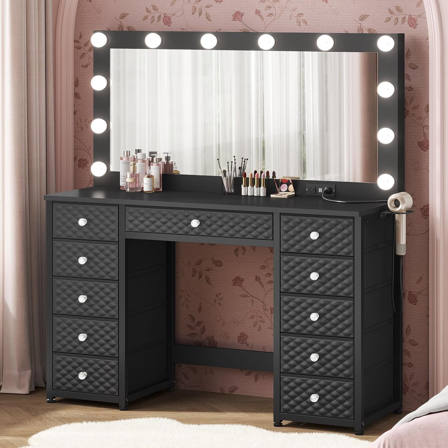 Vanity with Extra Large Mirror and Lights, Makeup Vanity with Power ...