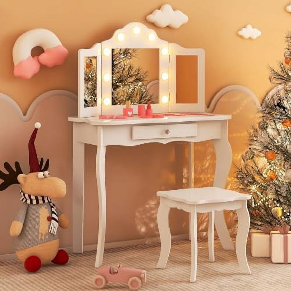 Vanity Girls Vanity Set with Mirror and Stool and Drawer 2 in 1 Wooden ...