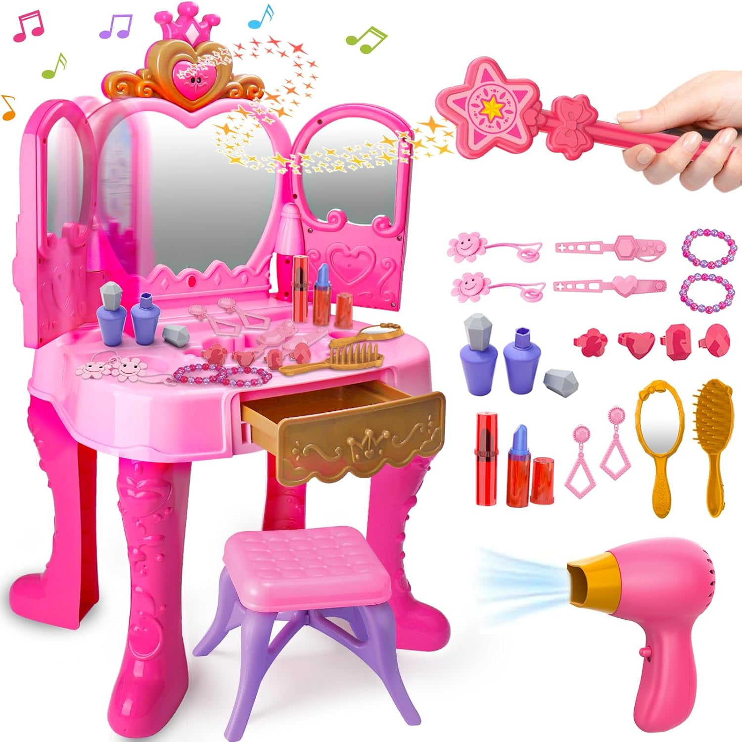 Vanity Magic Makeup Set Table and Chair Girl Toy Automatically Mirror ...