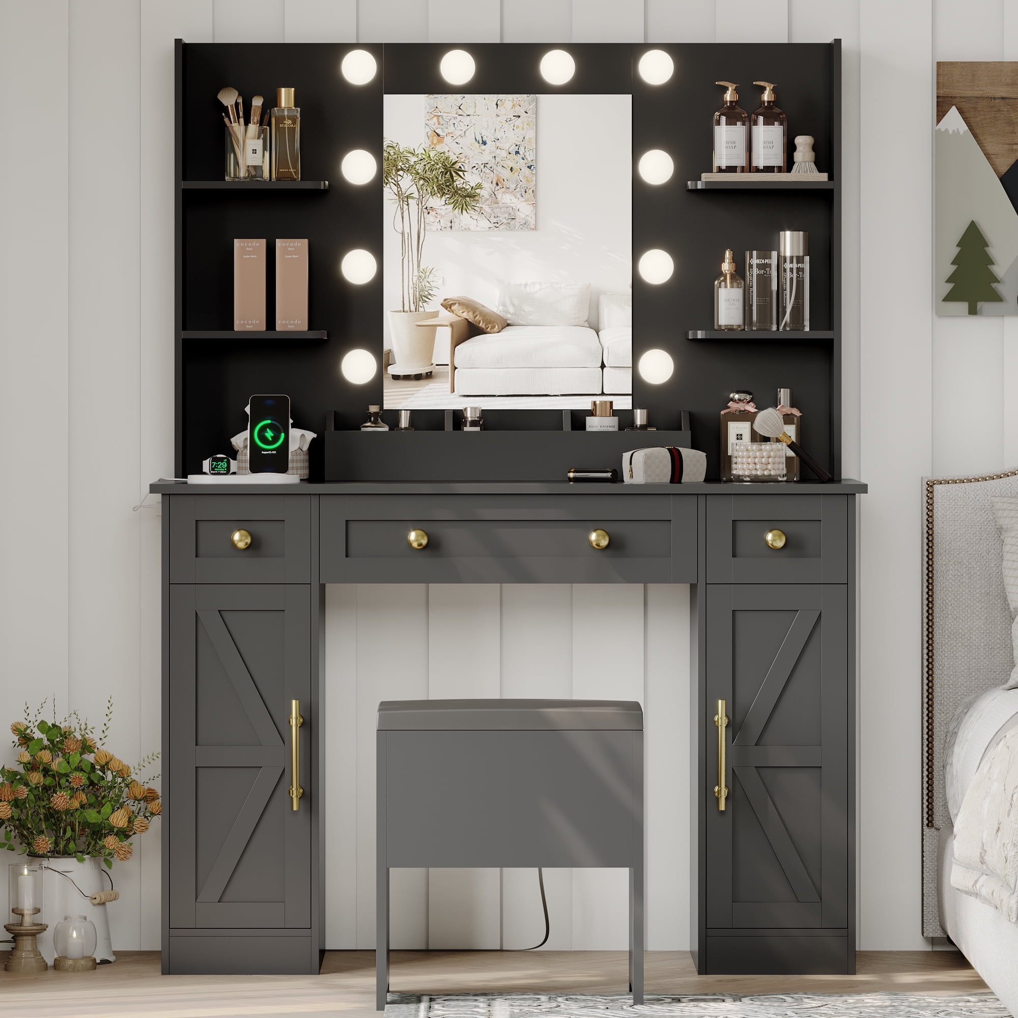 Vanity Makeup Desk with Mirror and Lights, Vanity Table Set with ...