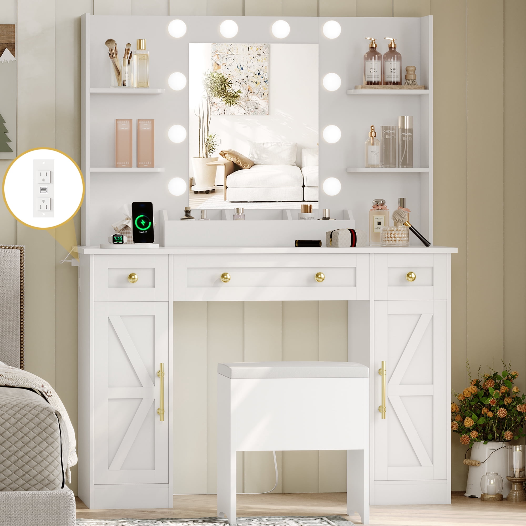 Vanity Makeup Desk with Mirror and Lights, Farmhouse Vanity Table Set ...