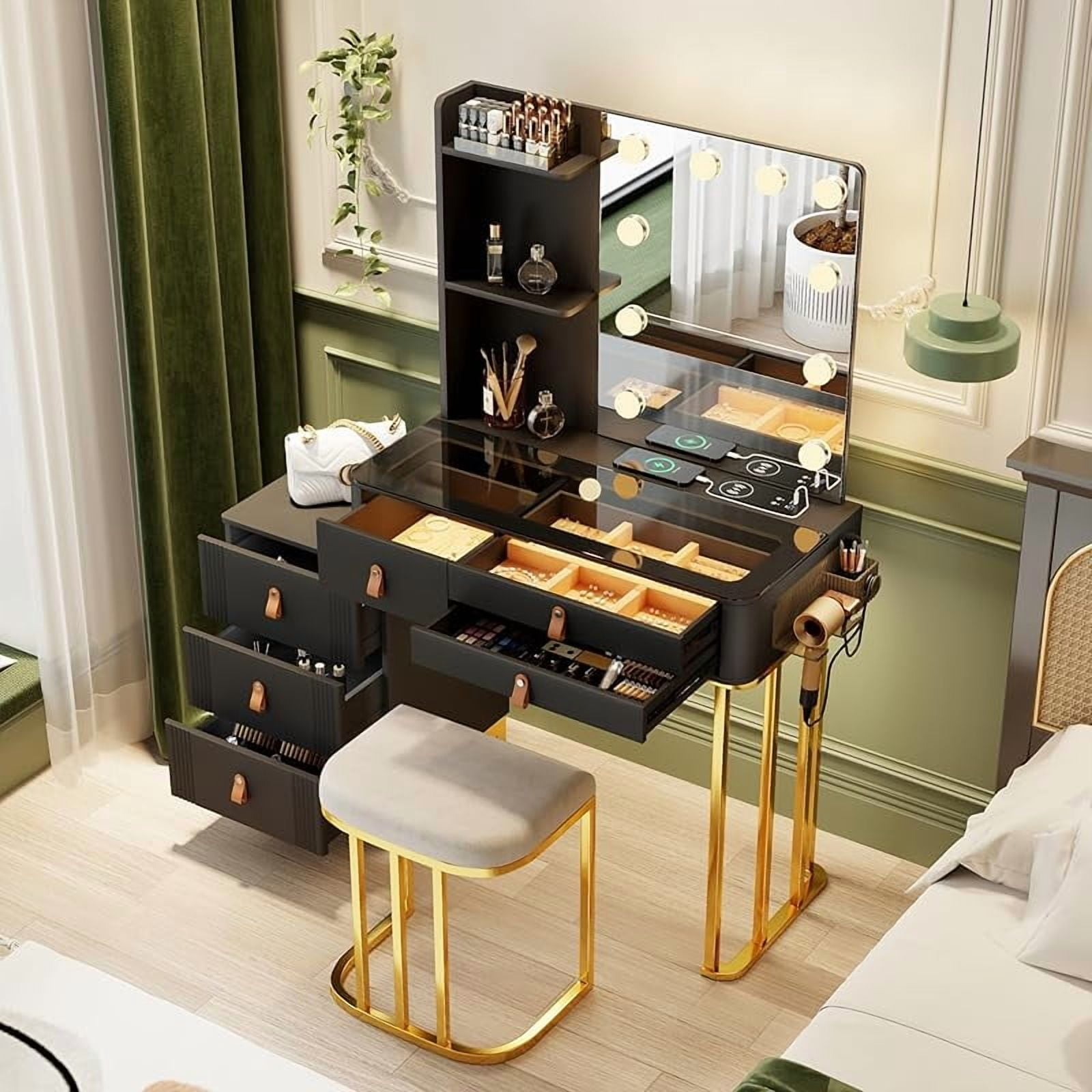 Vanity Makeup Desk with Mirror and Lights, Vanity Makeup Table with 3 ...