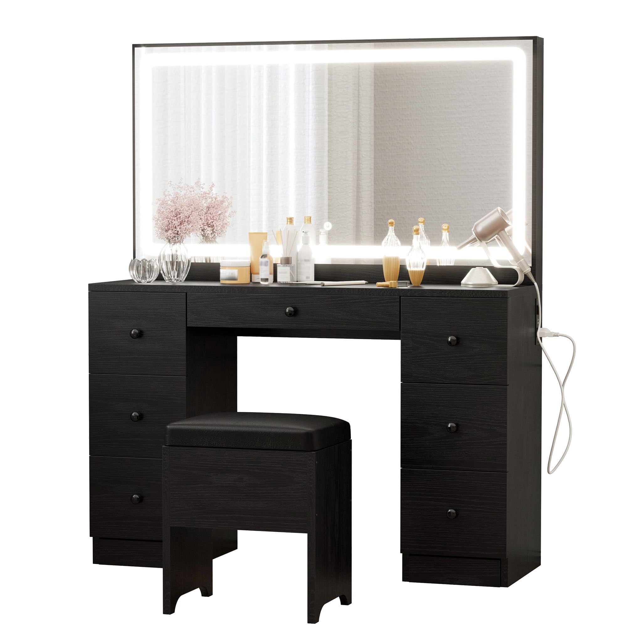 Vanity Makeup Desk Set with Large LED Lighted Mirror, 7 Drawers ...