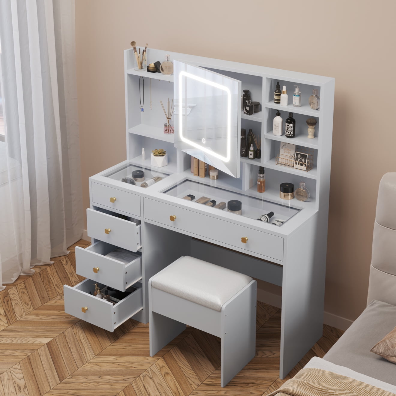 Vanity Makeup Mirror Desk with Tempered Glass Table Top, Makeup Vanity ...
