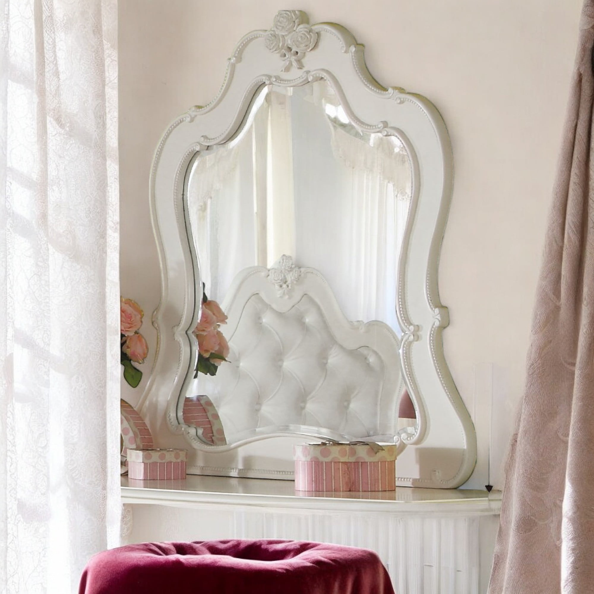 Vanity Mirror, Edalene Pearl White Finish Mirror, Dresser Mirror, Full ...