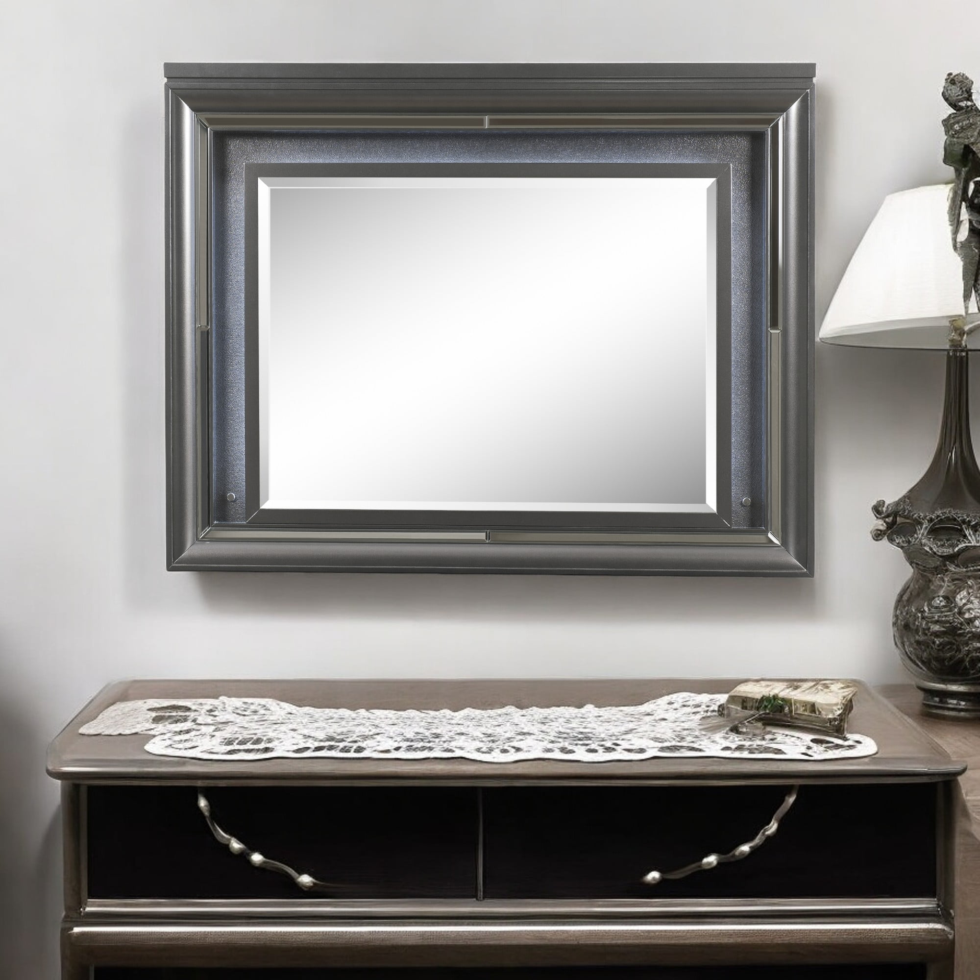 Vanity Mirror, Sawyer Metallic Gray Finish Mirror W/Led, Dresser Mirror ...