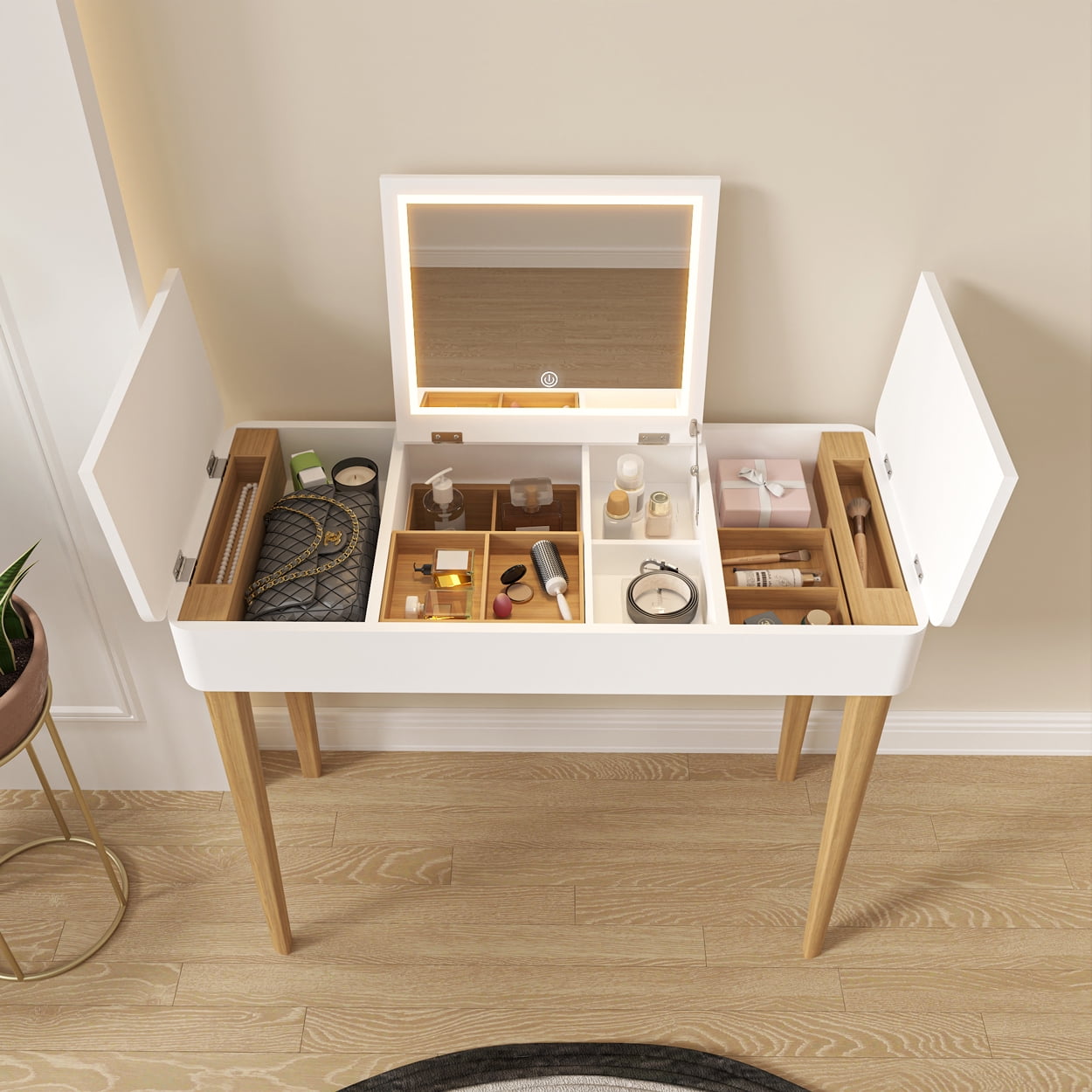 Vanity Mirror With Lights And Solid Wood Legs And Flip-Up High ...