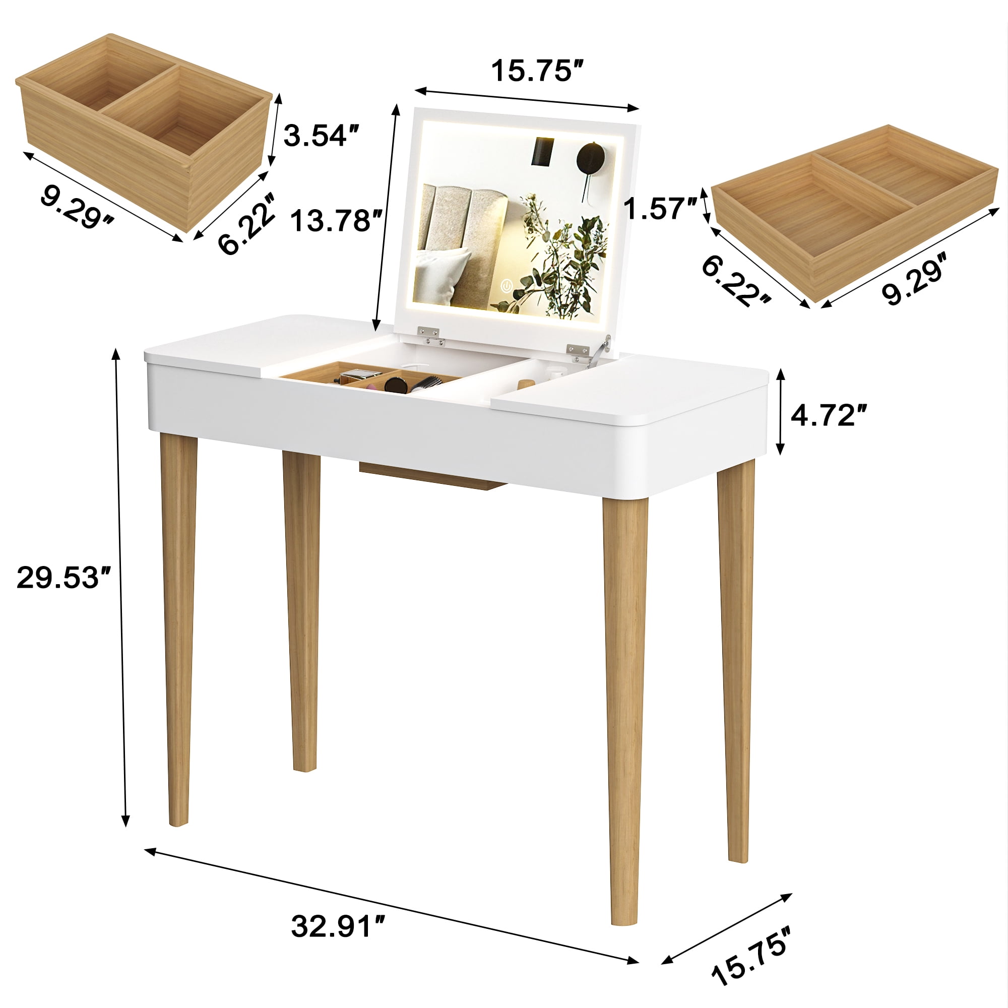 Vanity Mirror With Lights and Solid Wood Legs and Flip-Up High ...