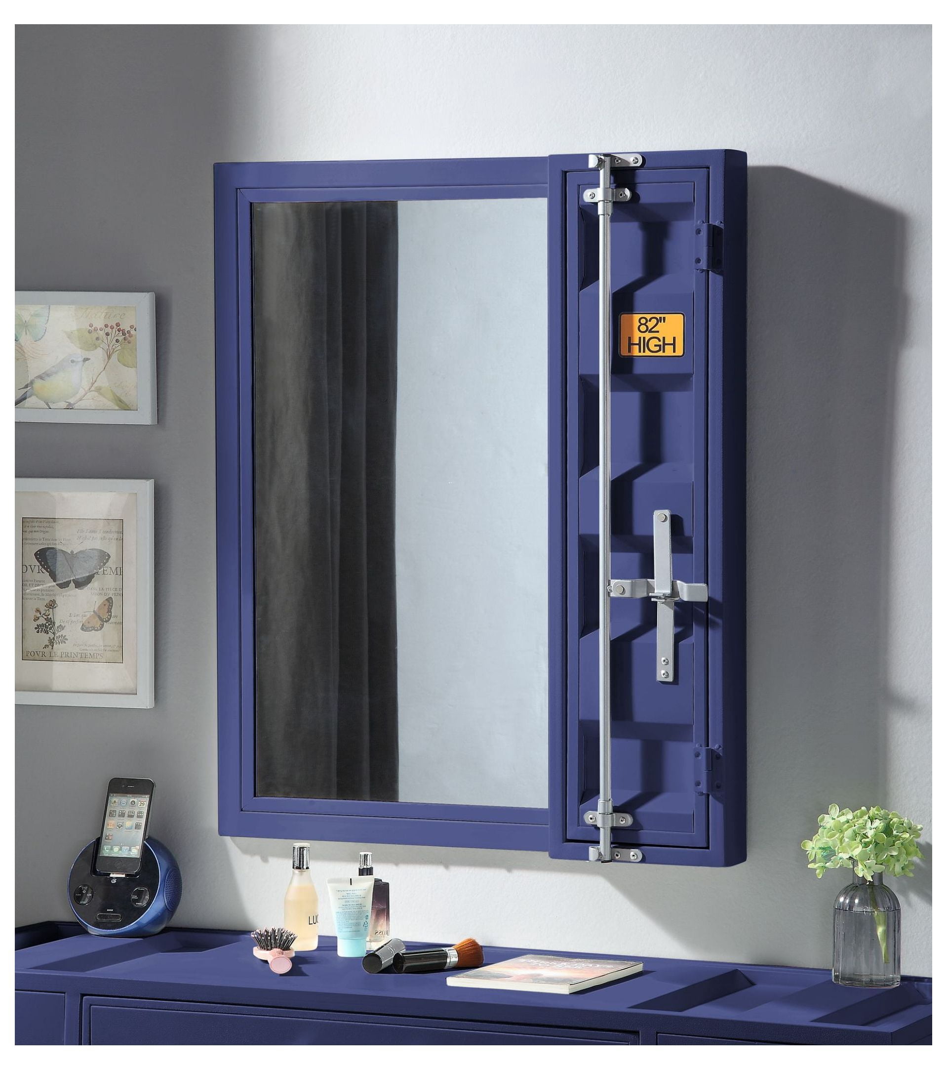 Vanity Mirror with Storage, Blue Finish, 16x29 Inch Rectangular Wall ...