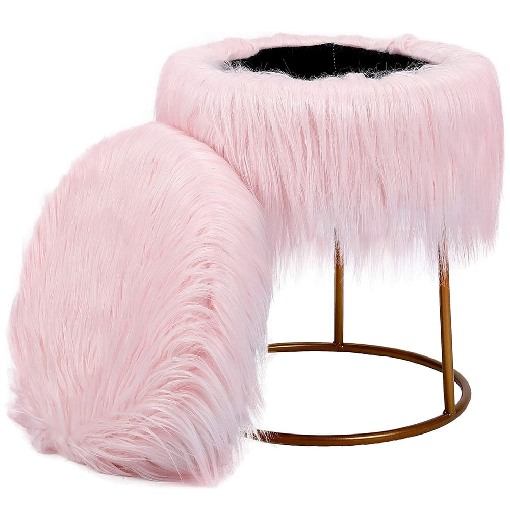 Vanity Seat, Round Faux Fur Foot Stool Ottoman, Comfy Makeup Seat with ...