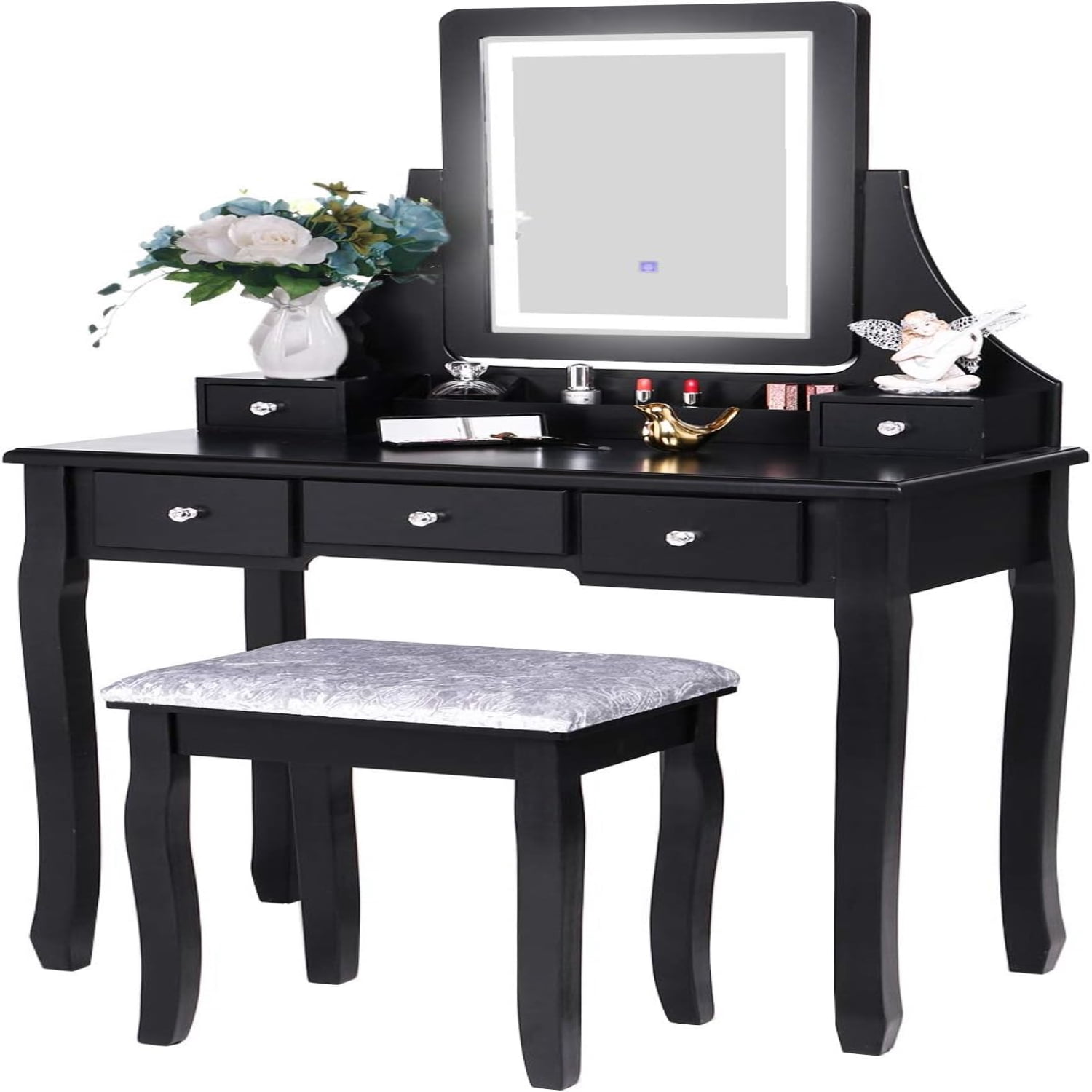 Vanity Set with Lighted Mirror Dimming Touch Screen Switch & Cushioned ...